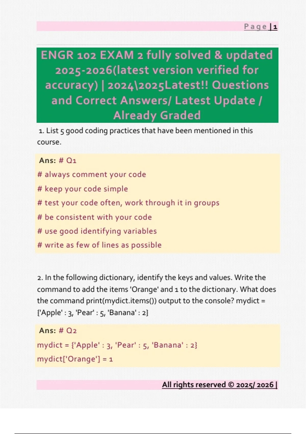 ENGR 102 EXAM 2 fully solved & updated (latest version verified for ...