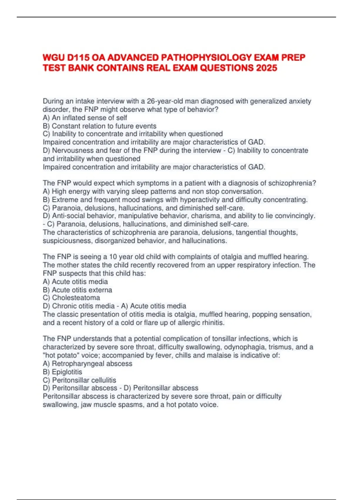 WGU D115 Advanced Pathophysiology OA Exam (2025–2026) | Complete Test ...