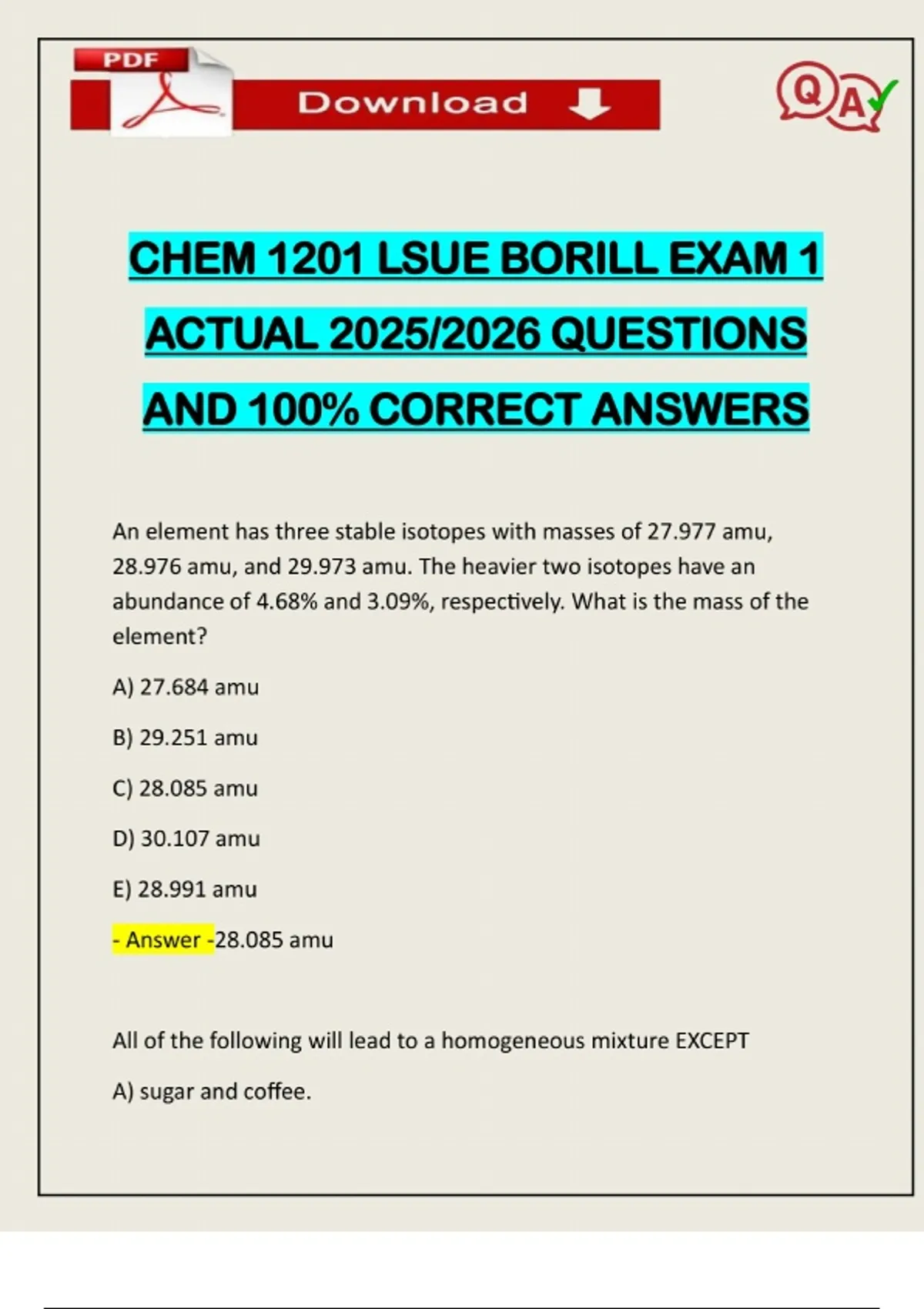 CHEM 1201 LSUE BORILL EXAM 1 ACTUAL 2025/2026 QUESTIONS AND 100% ...