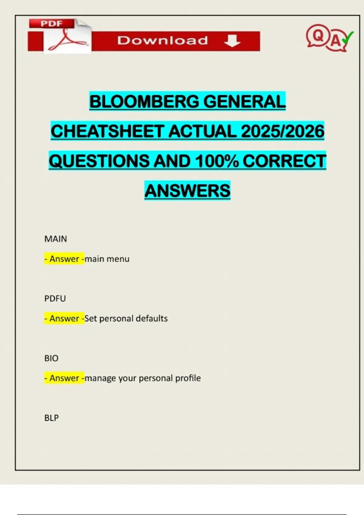 BLOOMBERG GENERAL CHEATSHEET ACTUAL 2025/2026 QUESTIONS AND 100% ...
