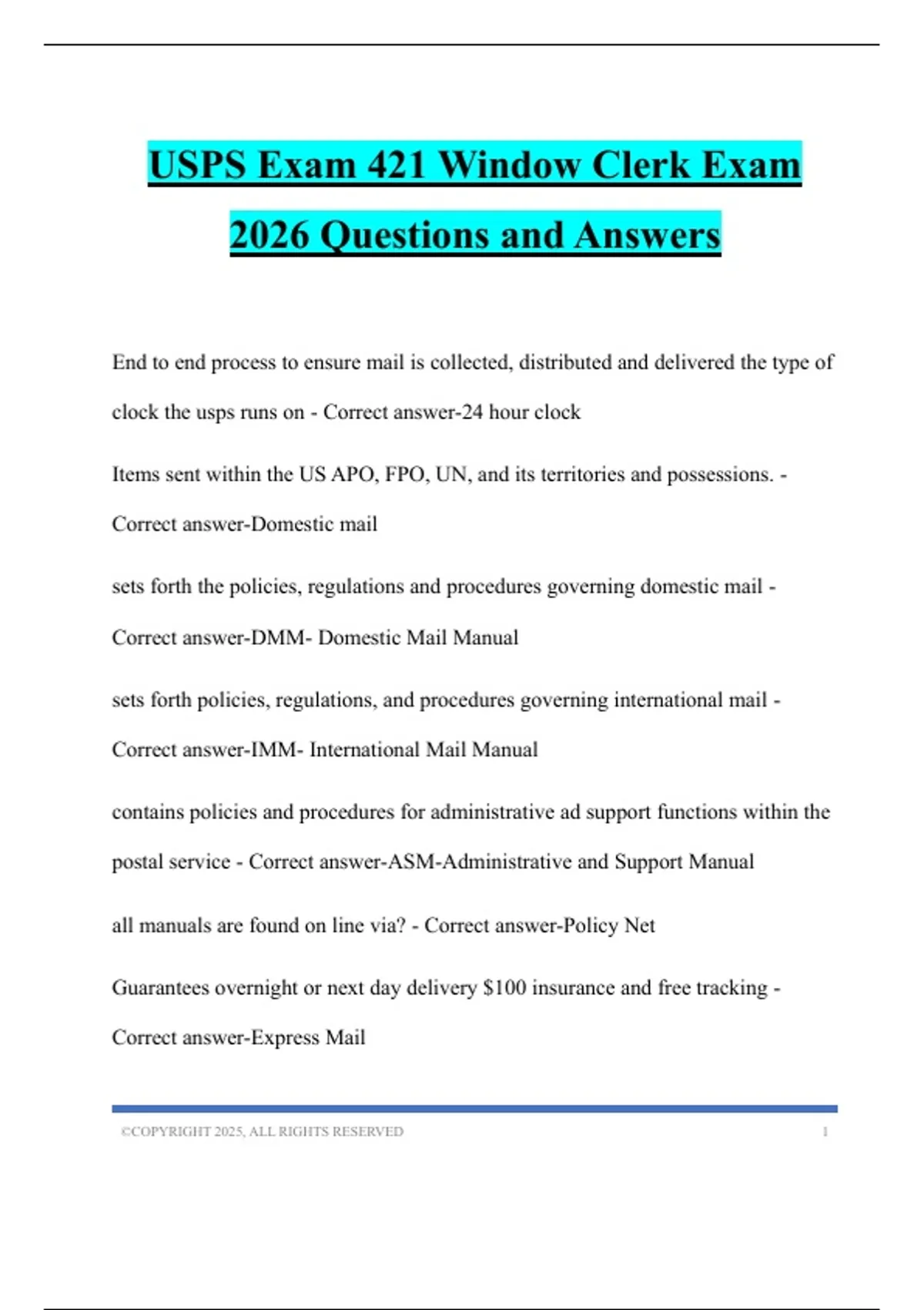 USPS Exam 421 Window Clerk Exam 2026 Questions and Answers - USPS 421 ...