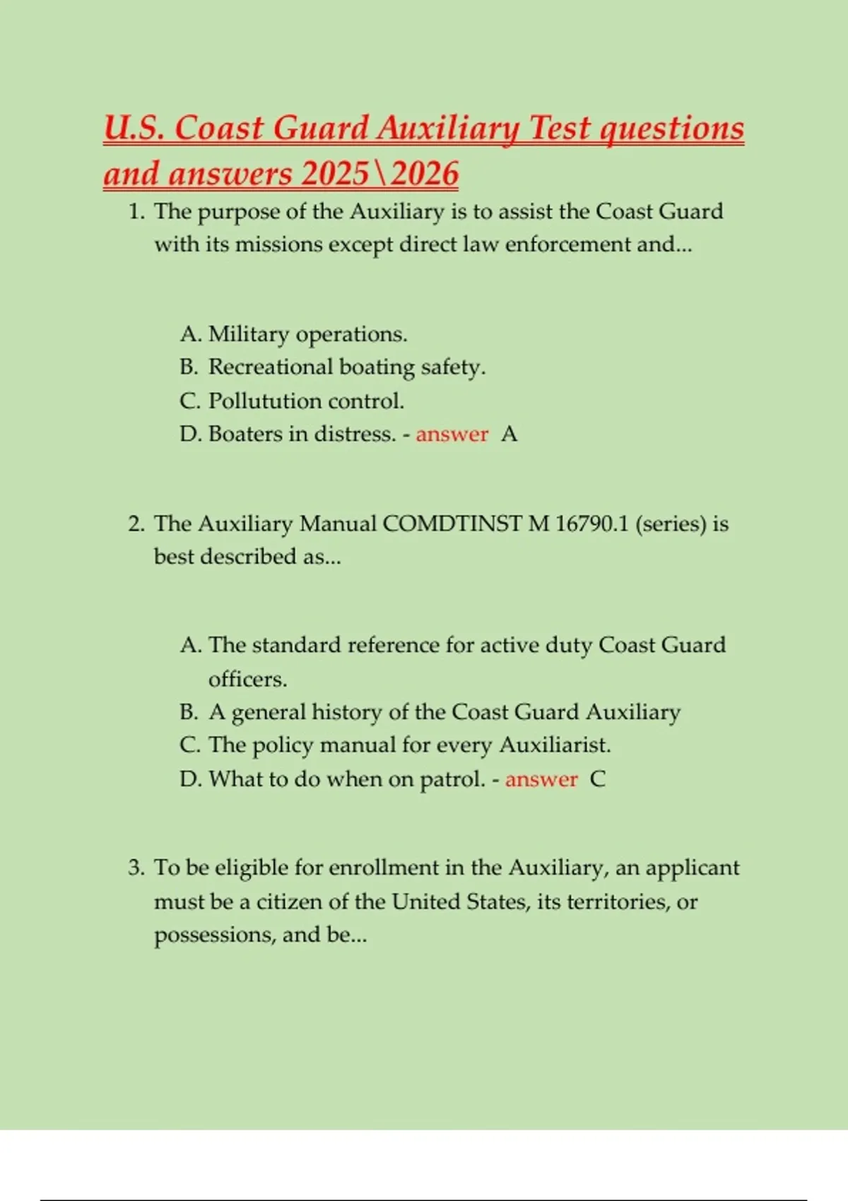 U.S. Coast Guard Auxiliary Test questions and answers - U.S. Coast ...