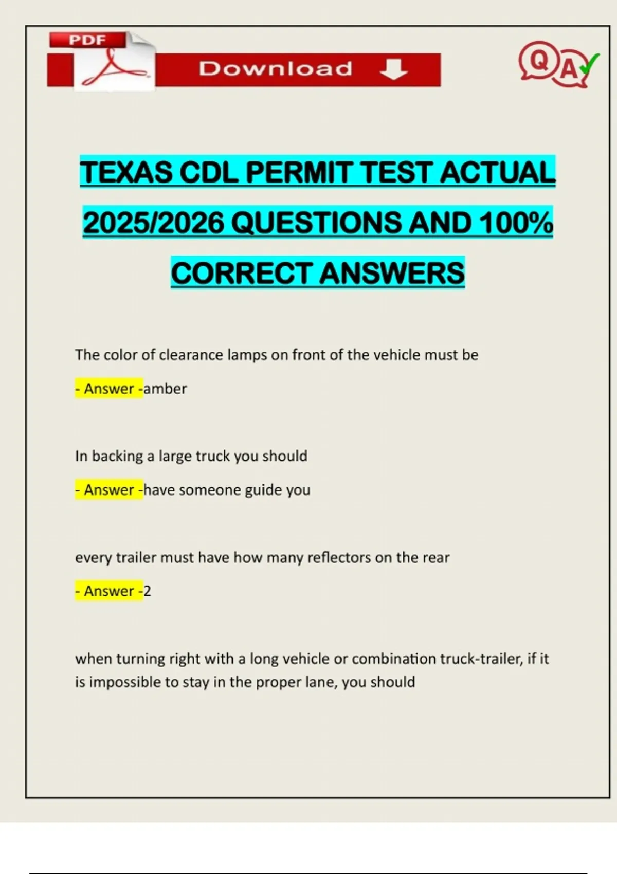 TEXAS CDL PERMIT TEST ACTUAL 2025/2026 QUESTIONS AND 100% CORRECT ...