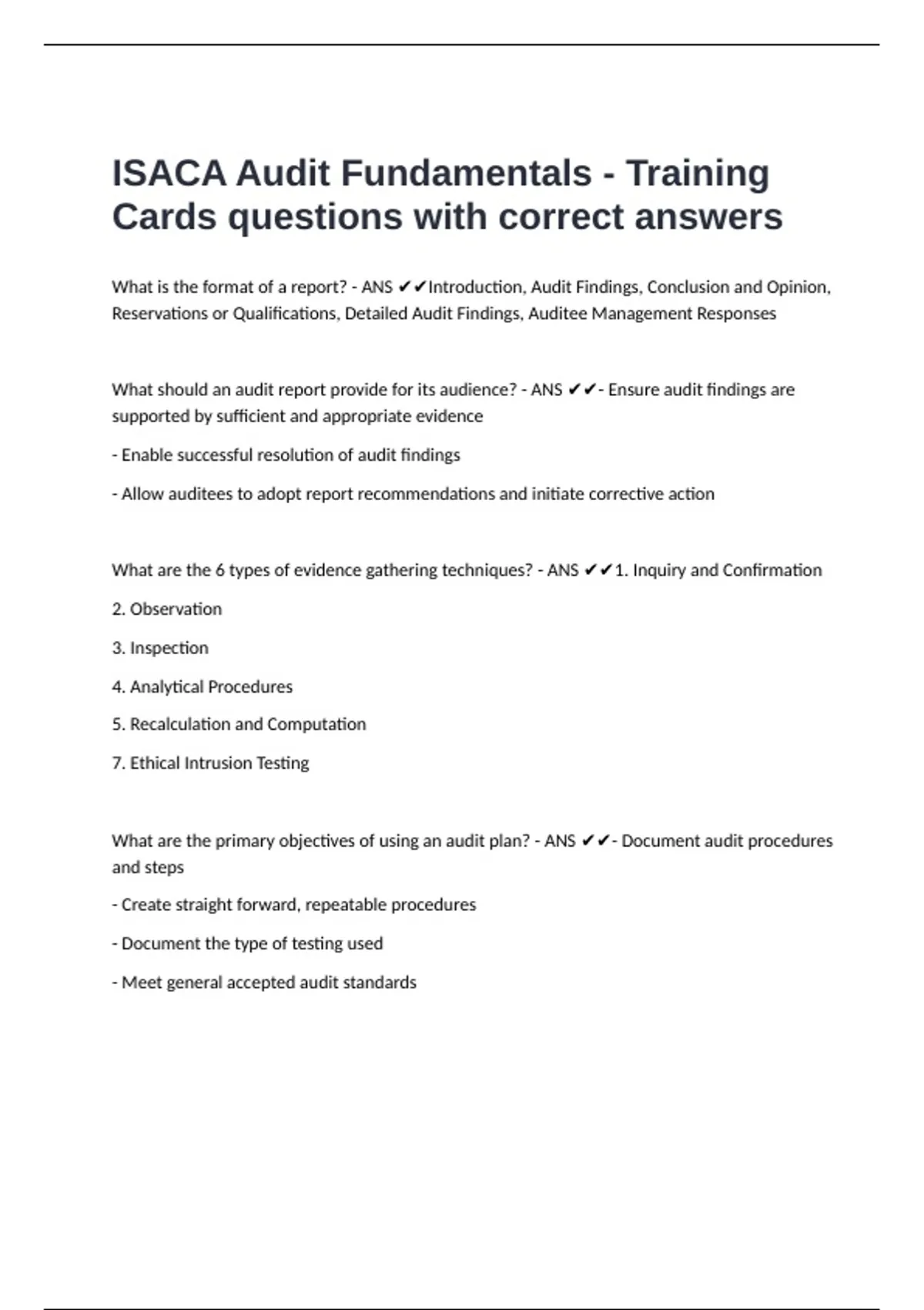 ISACA Audit Fundamentals - Training Cards questions with correct ...