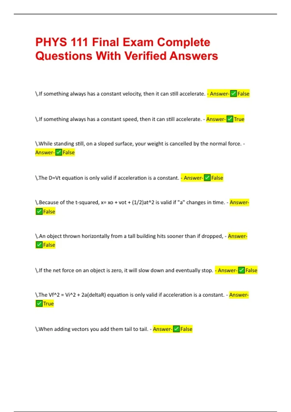 PHYS 111 Final Exam Complete Questions With Verified Answers || 100% ...