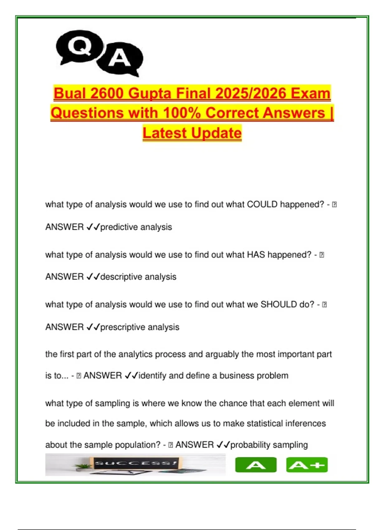 BUAL 2600 Final Exam 2025 | 150+ Questions with Answers | Probability, Sampling, Analytics ...