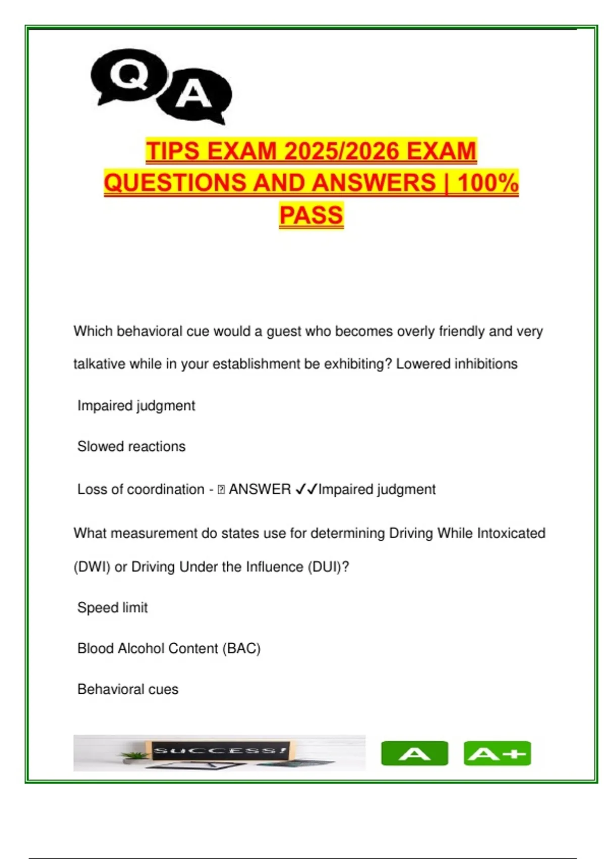 TIPS Alcohol Server Certification Exam 2025/2026 – 100+ Solved ...