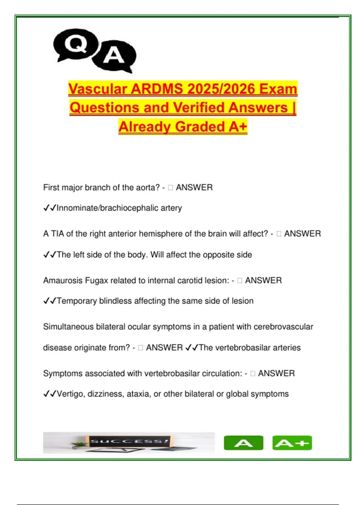 Vascular ARDMS Exam 2025/2026 – 180+ Solved Questions | TCD, Subclavian ...
