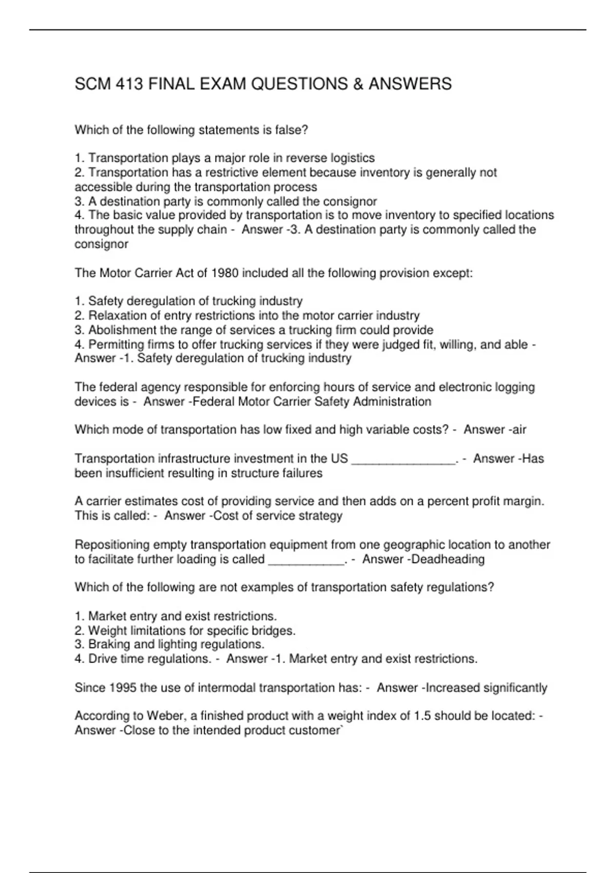 SCM 413 FINAL EXAM QUESTIONS & ANSWERS - SCM 413 - Stuvia US