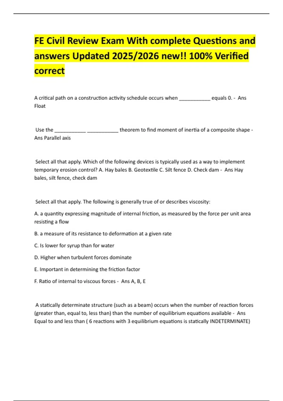 FE Civil Review Exam With complete Questions and answers Updated 2025/ ...