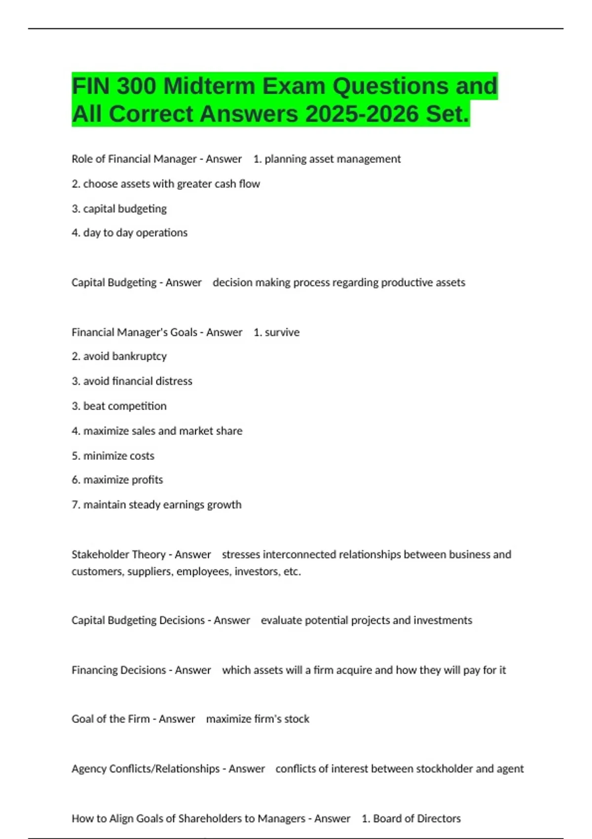 FIN 300 Midterm Exam Questions and All Correct Answers Set. - FIN 300 ...