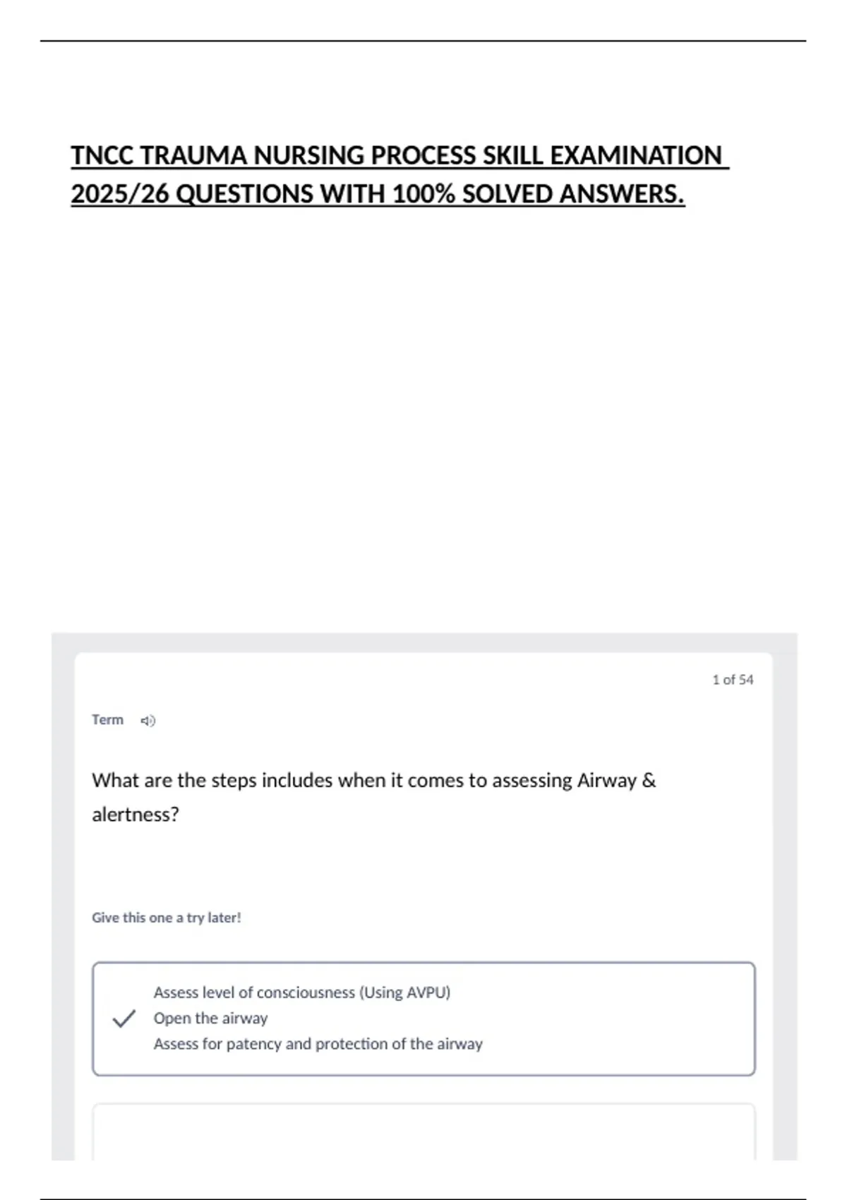 TNCC TRAUMA NURSING PROCESS SKILL EXAMINATION 2025/26 QUESTIONS WITH ...