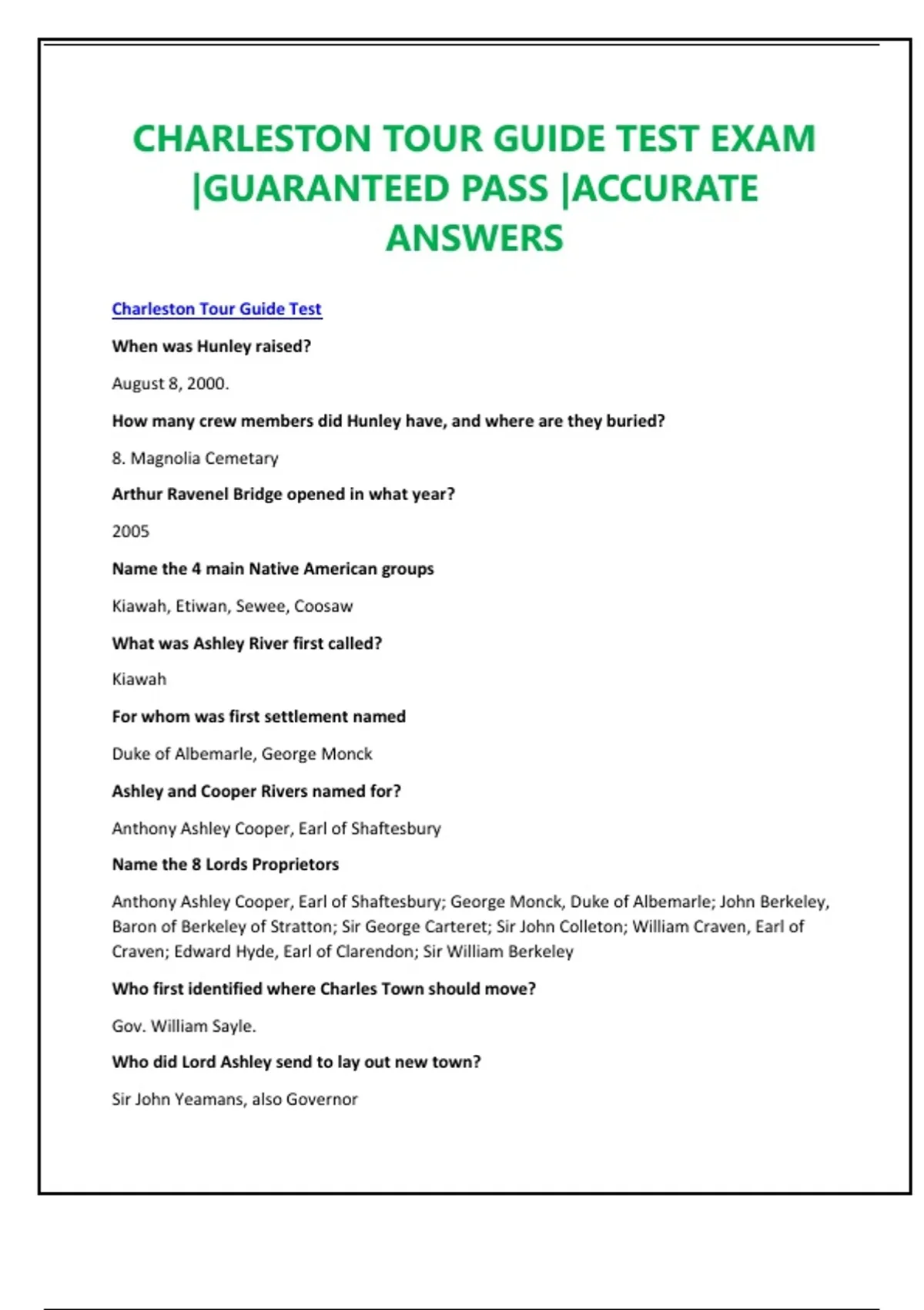 Charleston Tour Guide Test Exam 2025–2026 | Guaranteed Pass | Accurate ...