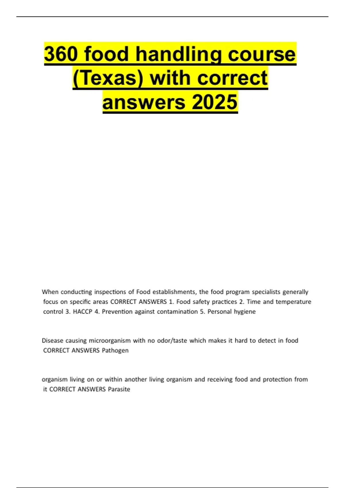 360 food handling course (Texas) with correct answers 2025 - 360 food ...