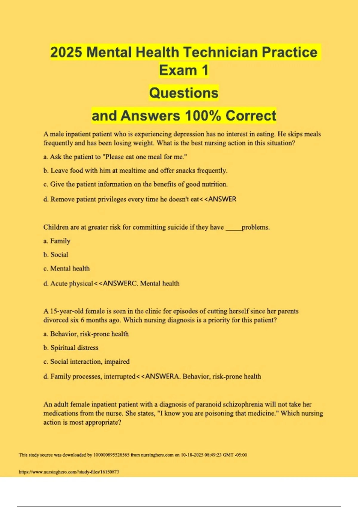 2025 Mental Health Technician Practice Exam 1 Questions and Answers 100 ...