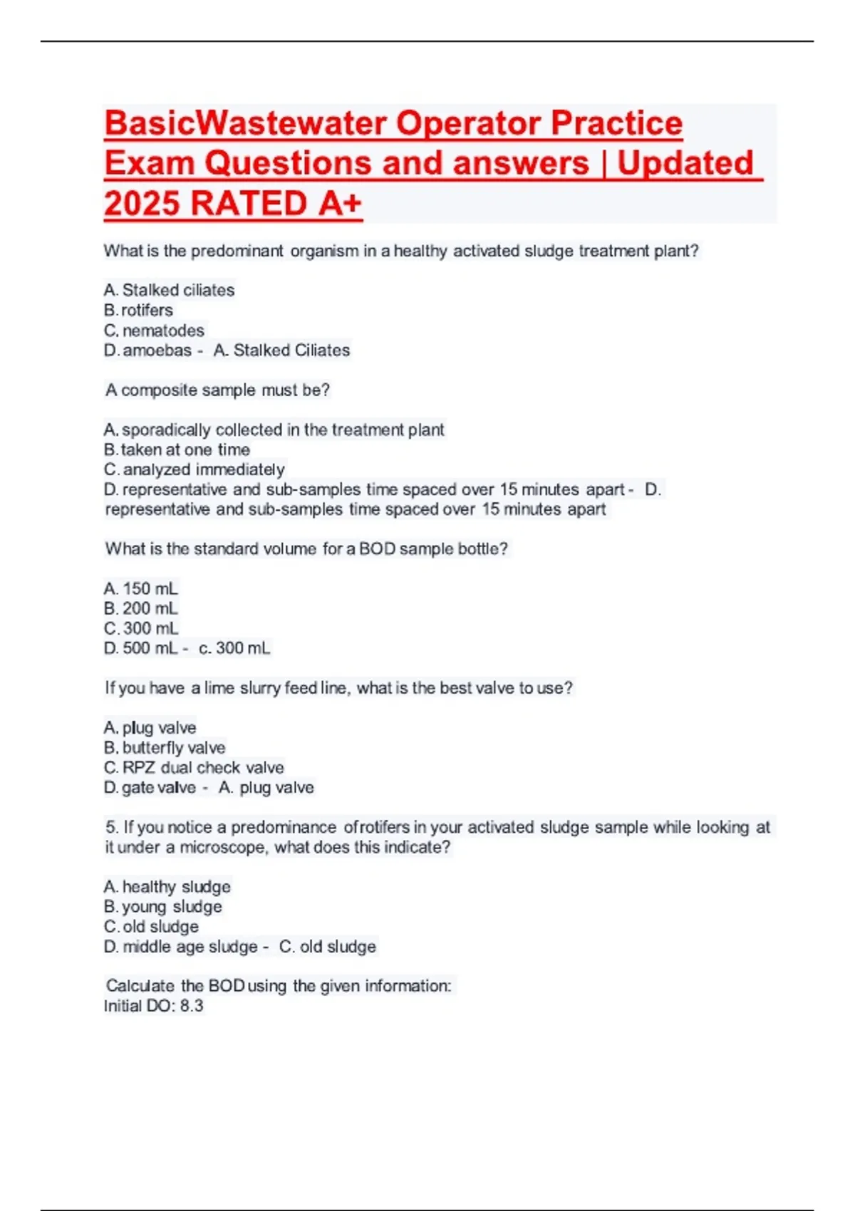 BasicWastewater Operator Practice Exam Questions and answers | Updated ...