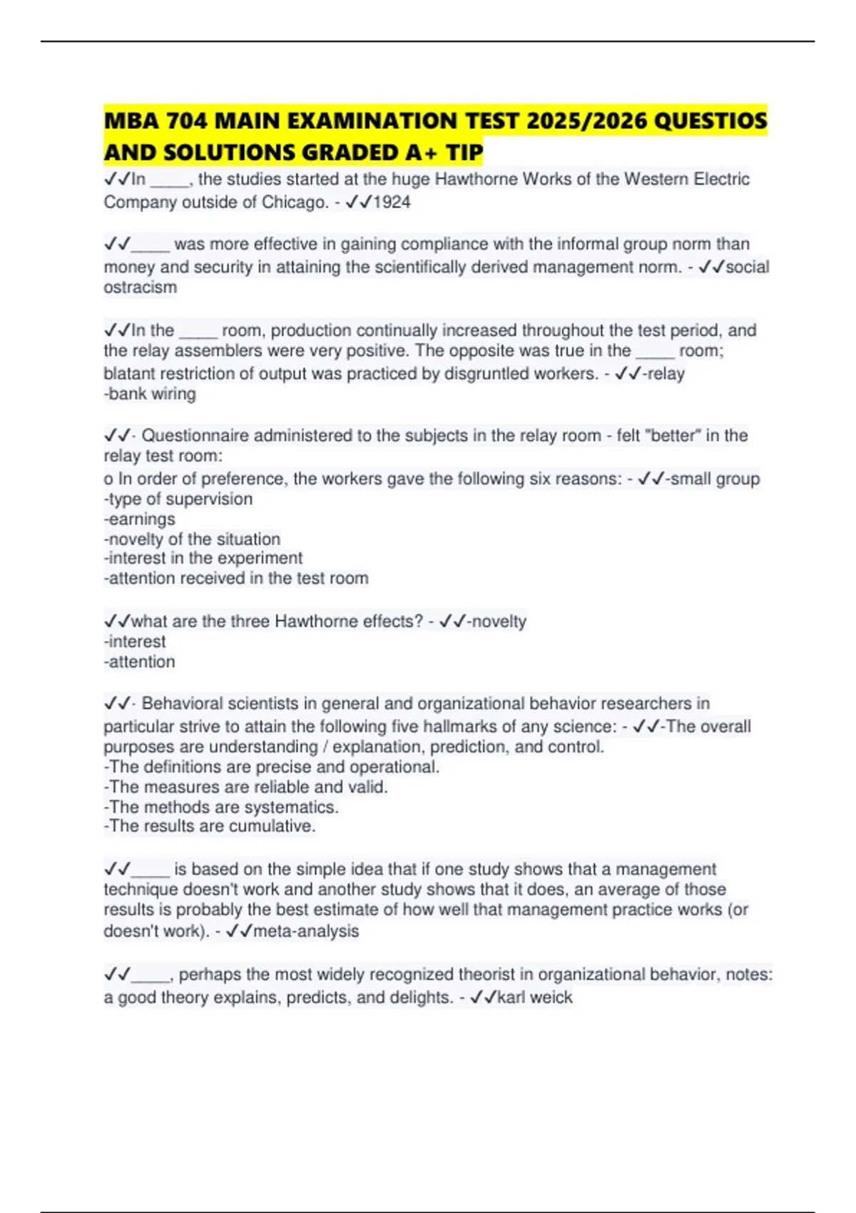MBA 704 MAIN EXAMINATION TEST 2025/2026 QUESTIOS AND SOLUTIONS GRADED ...