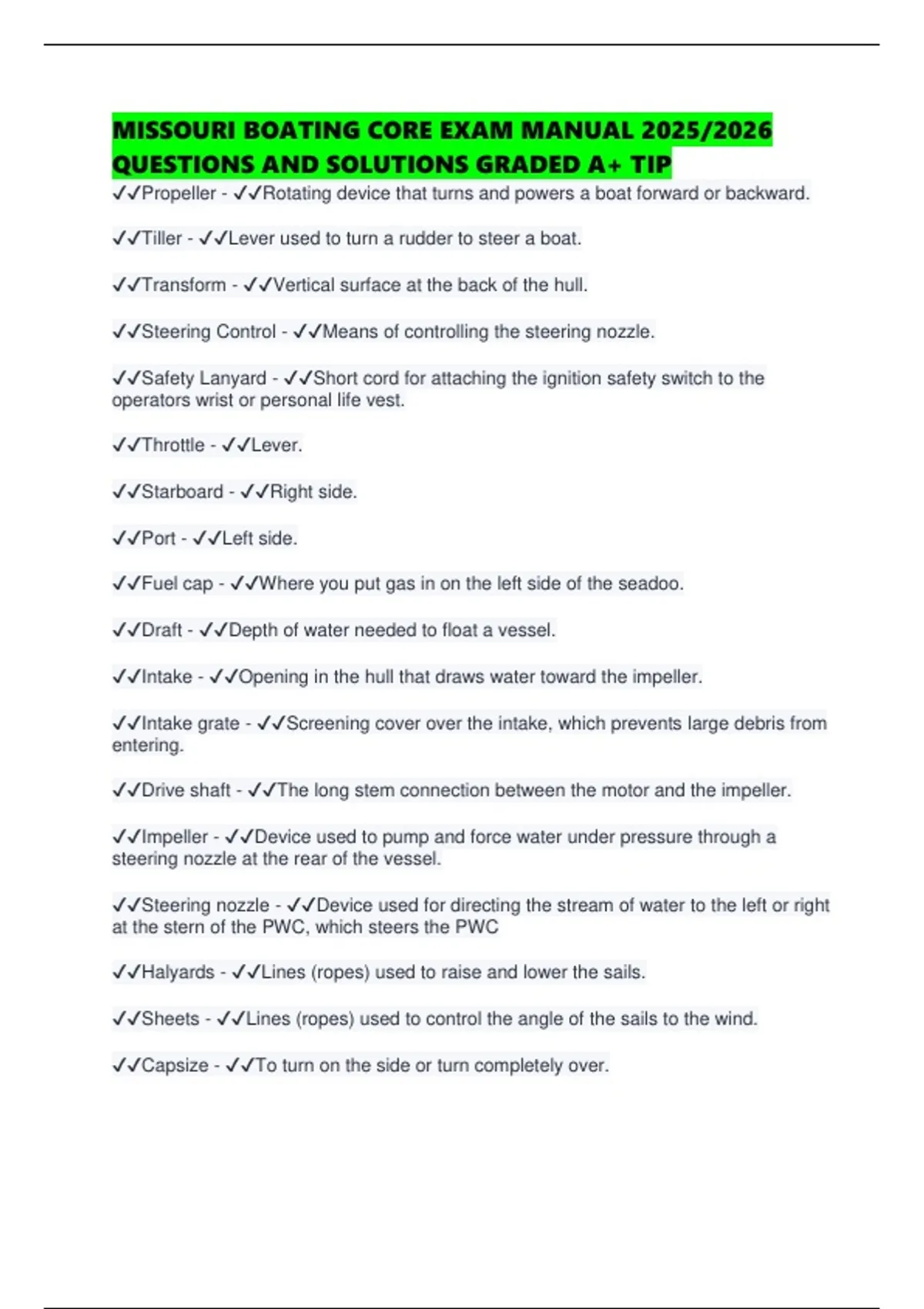 MISSOURI BOATING CORE EXAM MANUAL 2025/2026 QUESTIONS AND SOLUTIONS ...