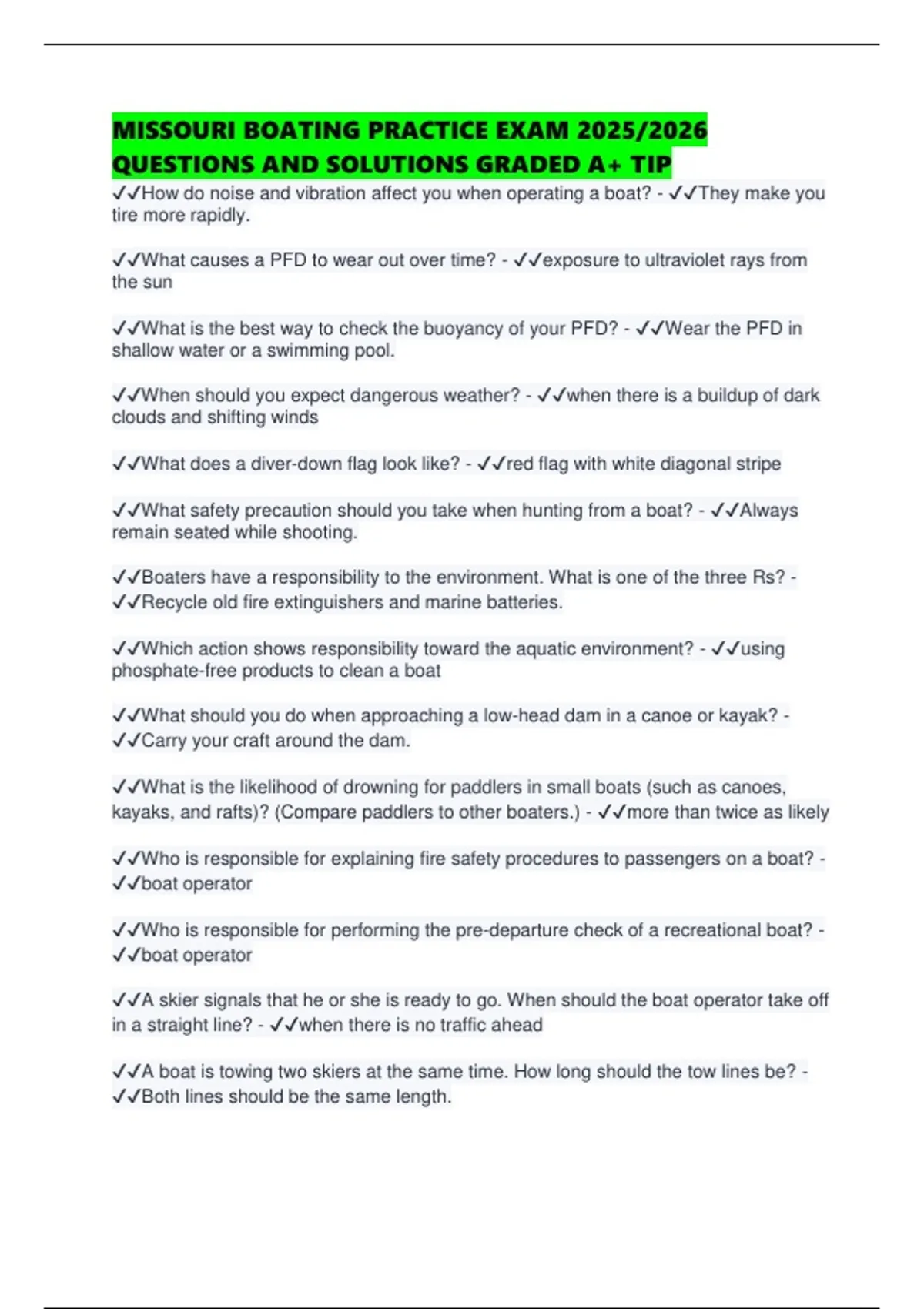 MISSOURI BOATING PRACTICE EXAM 2025/2026 QUESTIONS AND SOLUTIONS GRADED ...