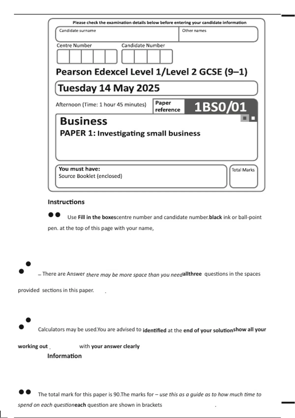 Pearson Edexcel GCSE Business 1BS0 June 2025 Past Paper + Mark Scheme ...