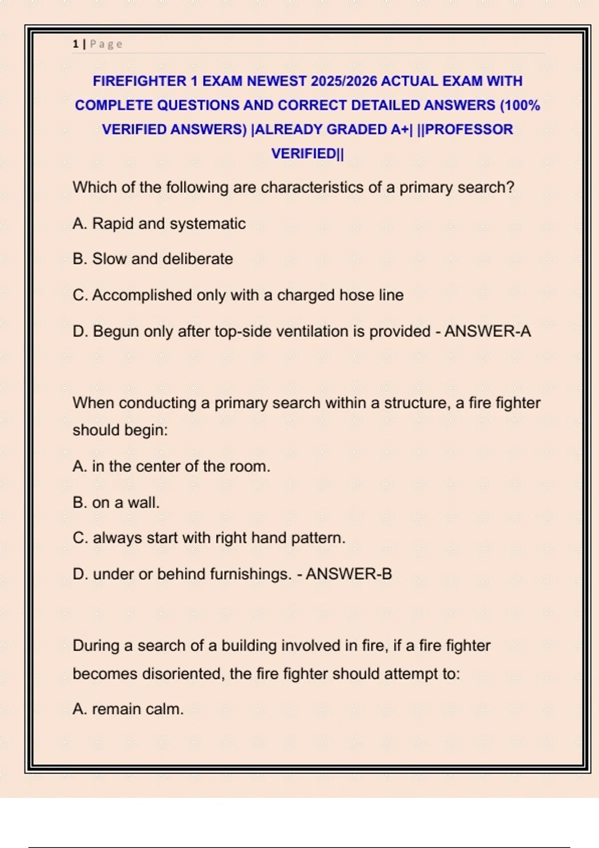FIREFIGHTER 1 EXAM NEWEST 2025/2026 ACTUAL EXAM WITH COMPLETE QUESTIONS ...