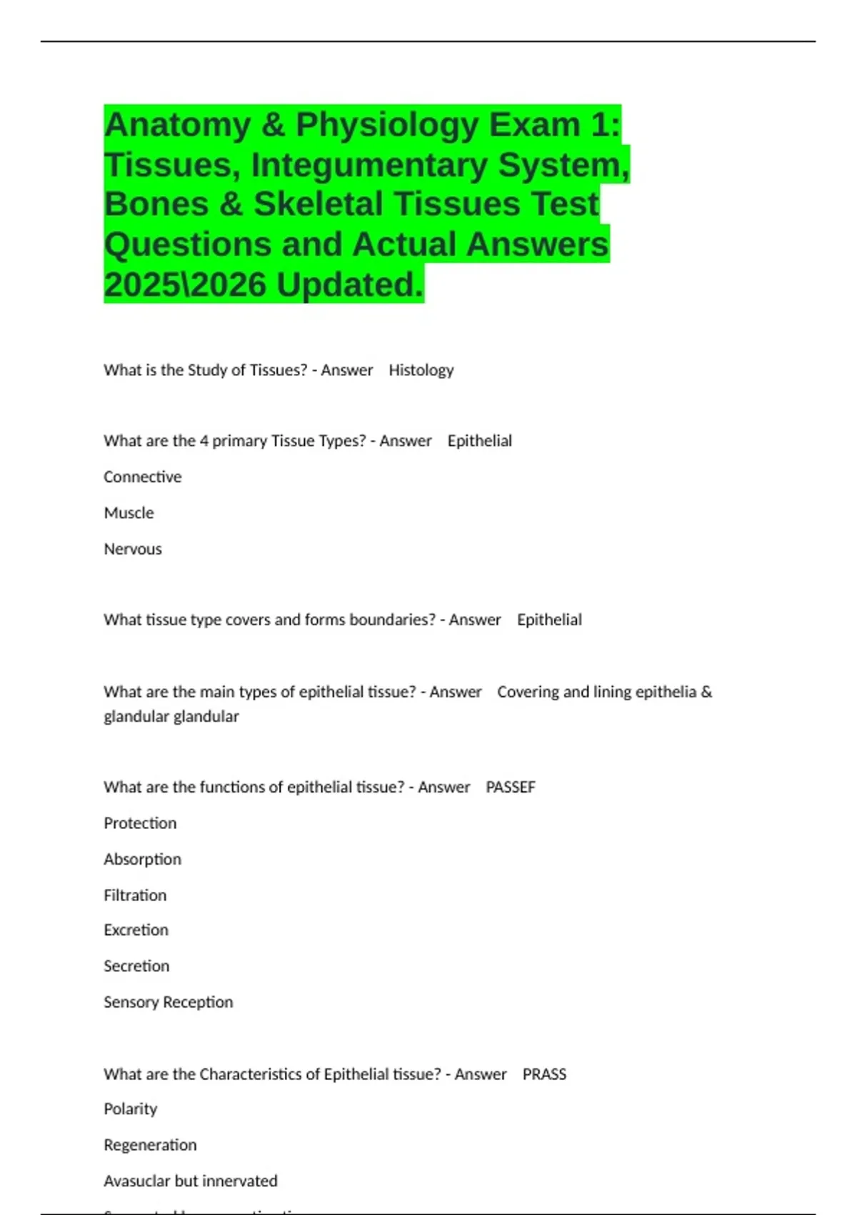 Anatomy & Physiology Exam 1: Tissues, Integumentary System, Bones ...