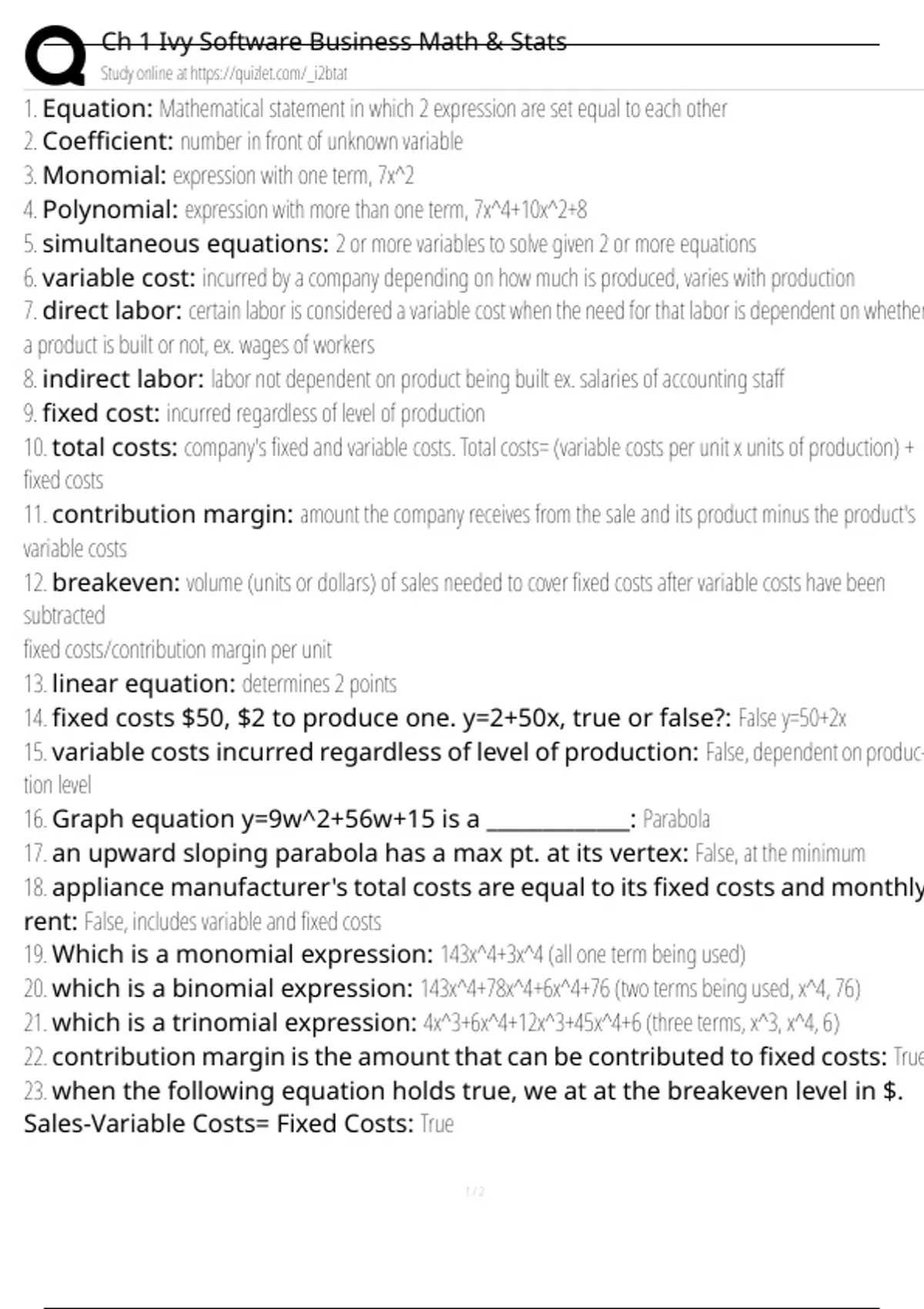 Ch 1 Ivy Software Business Math & Stats Exam Questions and Answers 100% ...