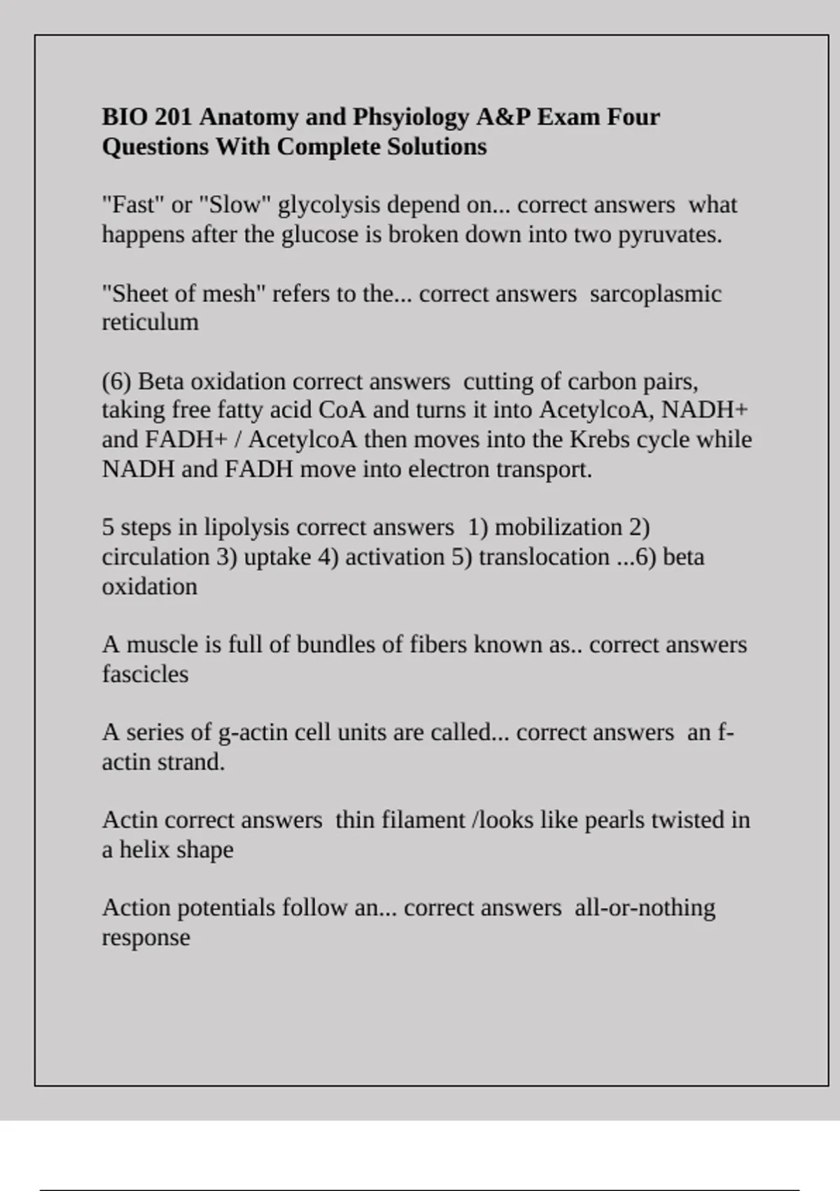 BIO 201 Anatomy and Phsyiology A&P Exam Four Questions With Complete ...