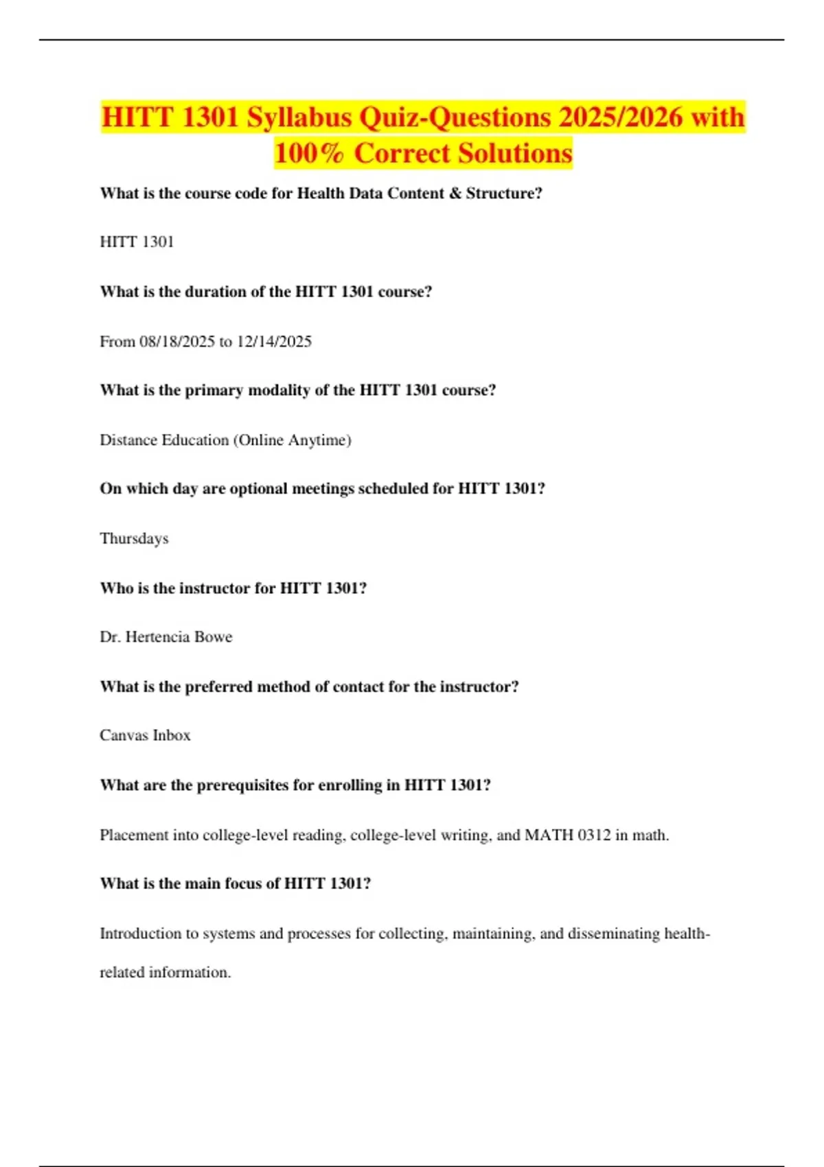 HITT 1301 Syllabus Quiz-Questions 2025/2026 with 100% Correct Solutions ...