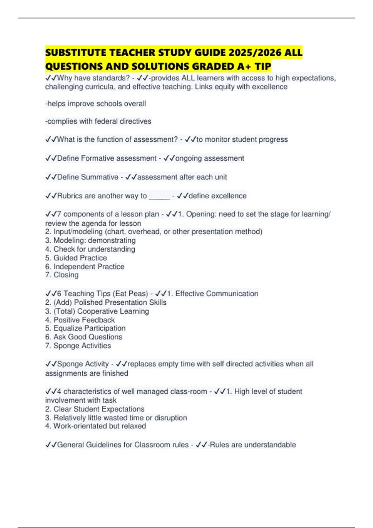 SUBSTITUTE TEACHER STUDY GUIDE 2025/2026 ALL QUESTIONS AND SOLUTIONS ...