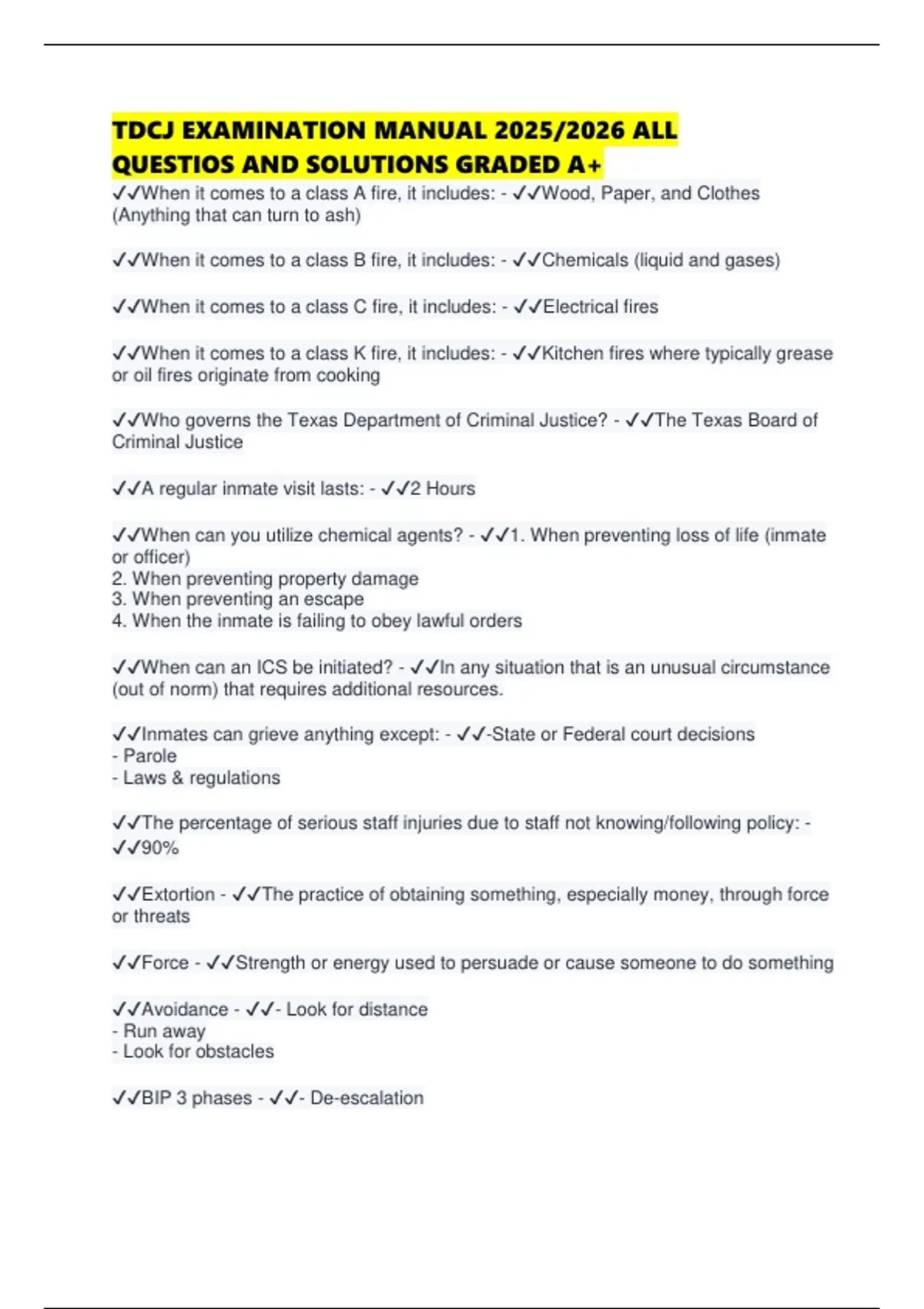 TDCJ EXAMINATION MANUAL 2025/2026 ALL QUESTIOS AND SOLUTIONS GRADED A+ ...