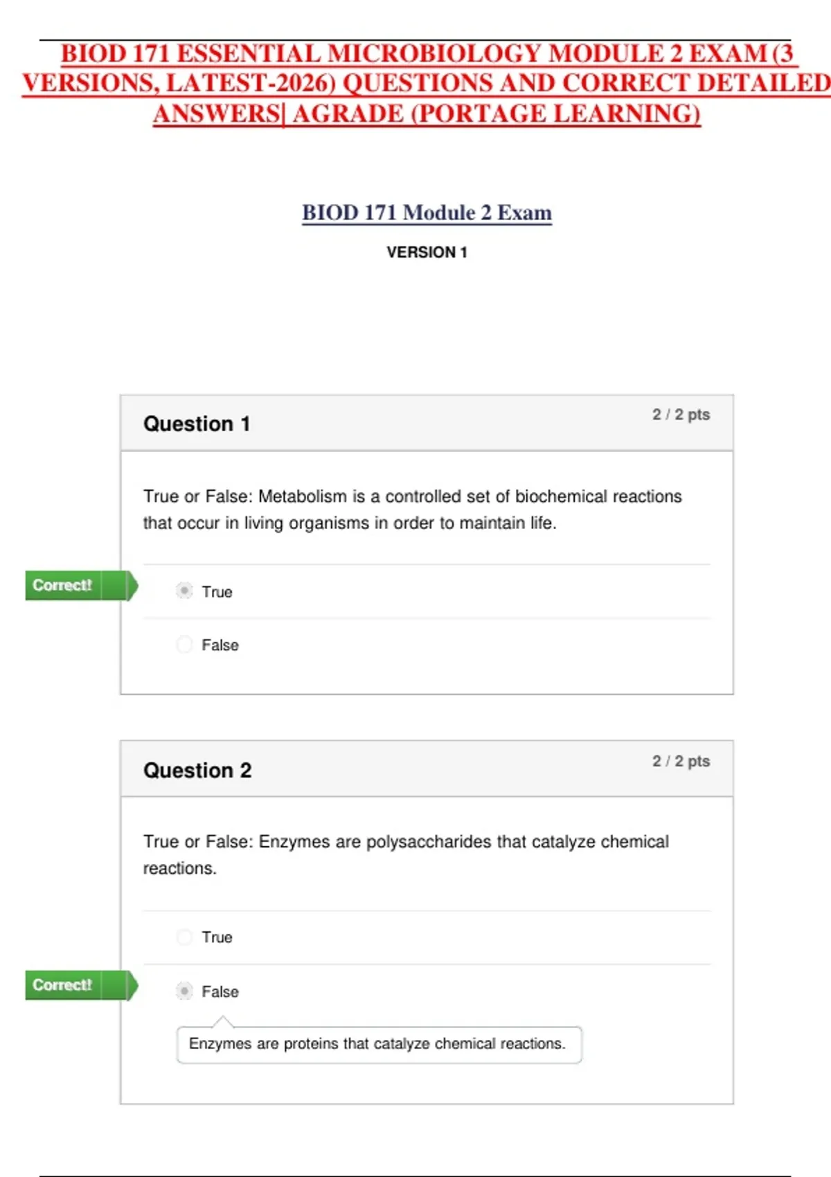 BIOD 171 ESSENTIAL MICROBIOLOGY MODULE 2 EXAM (3 VERSIONS, LATEST-2026 ...