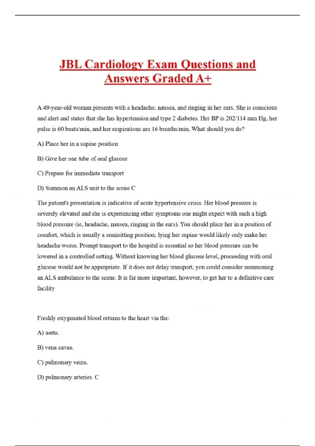 JBL Cardiology Exam Questions and Answers Graded A+ - Cardiology ...