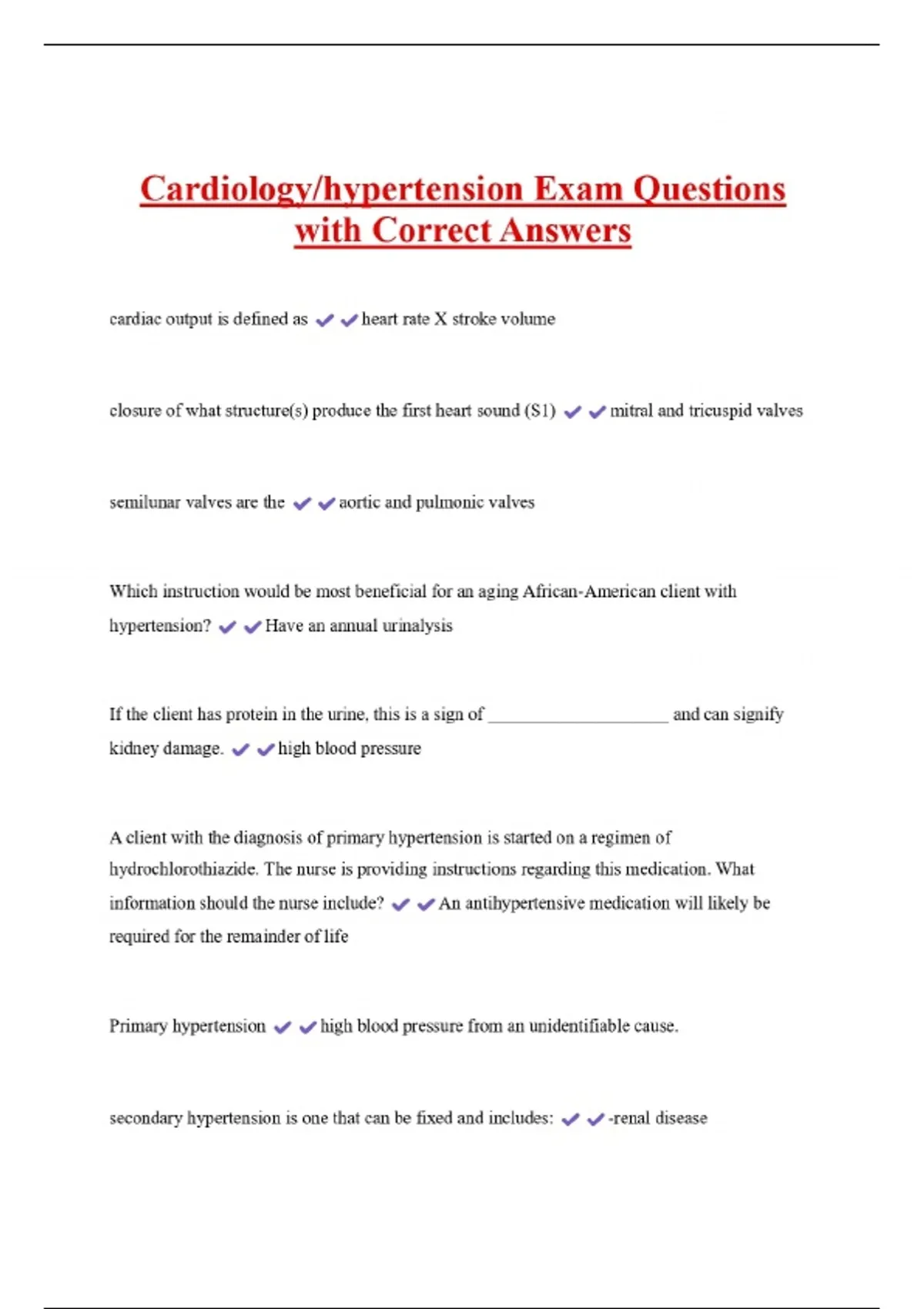 Cardiology/hypertension Exam Questions with Correct Answers ...