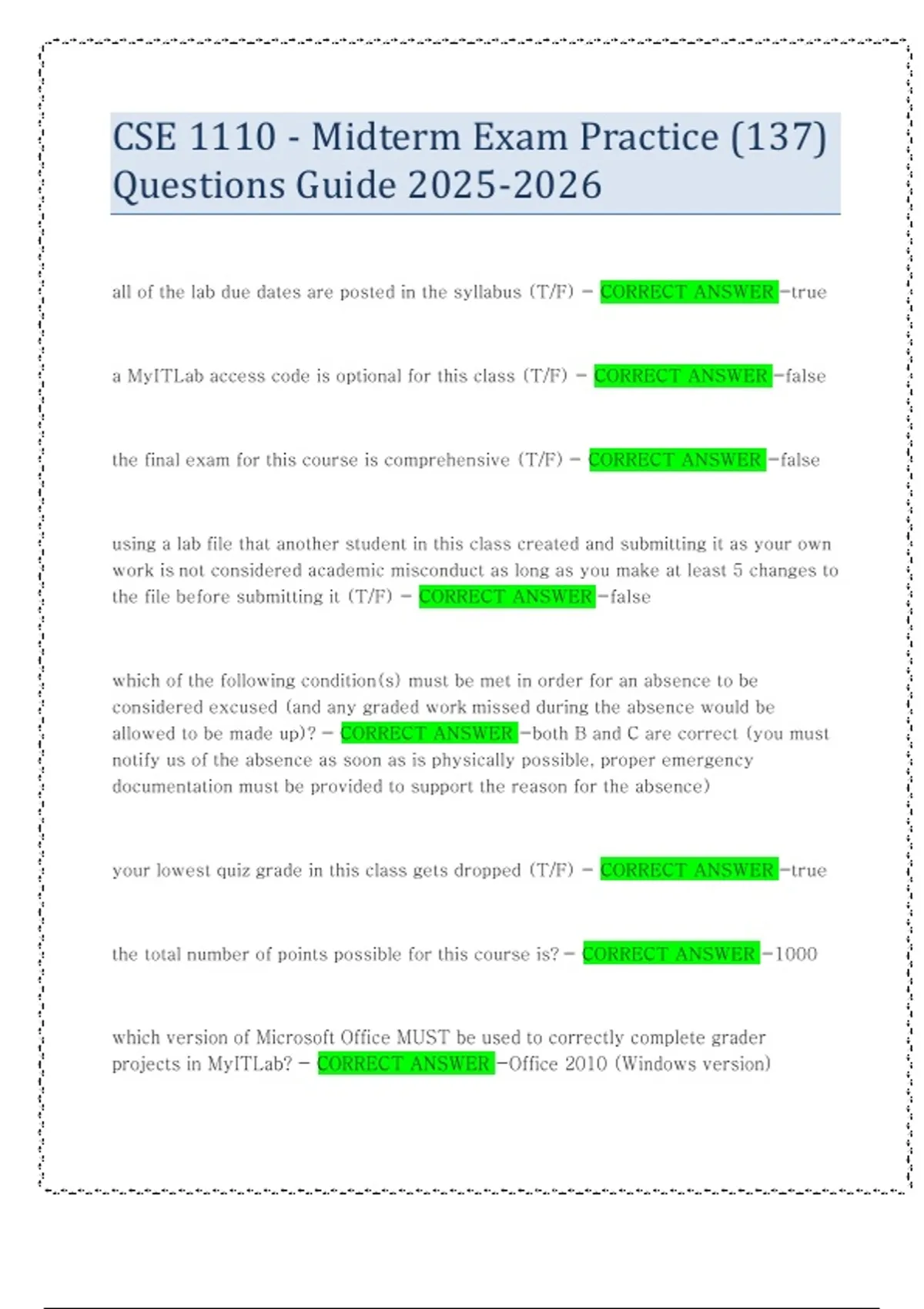 CSE 1110 - Midterm Exam Practice (137) Questions Guide - CSE 1110 - Stuvia US