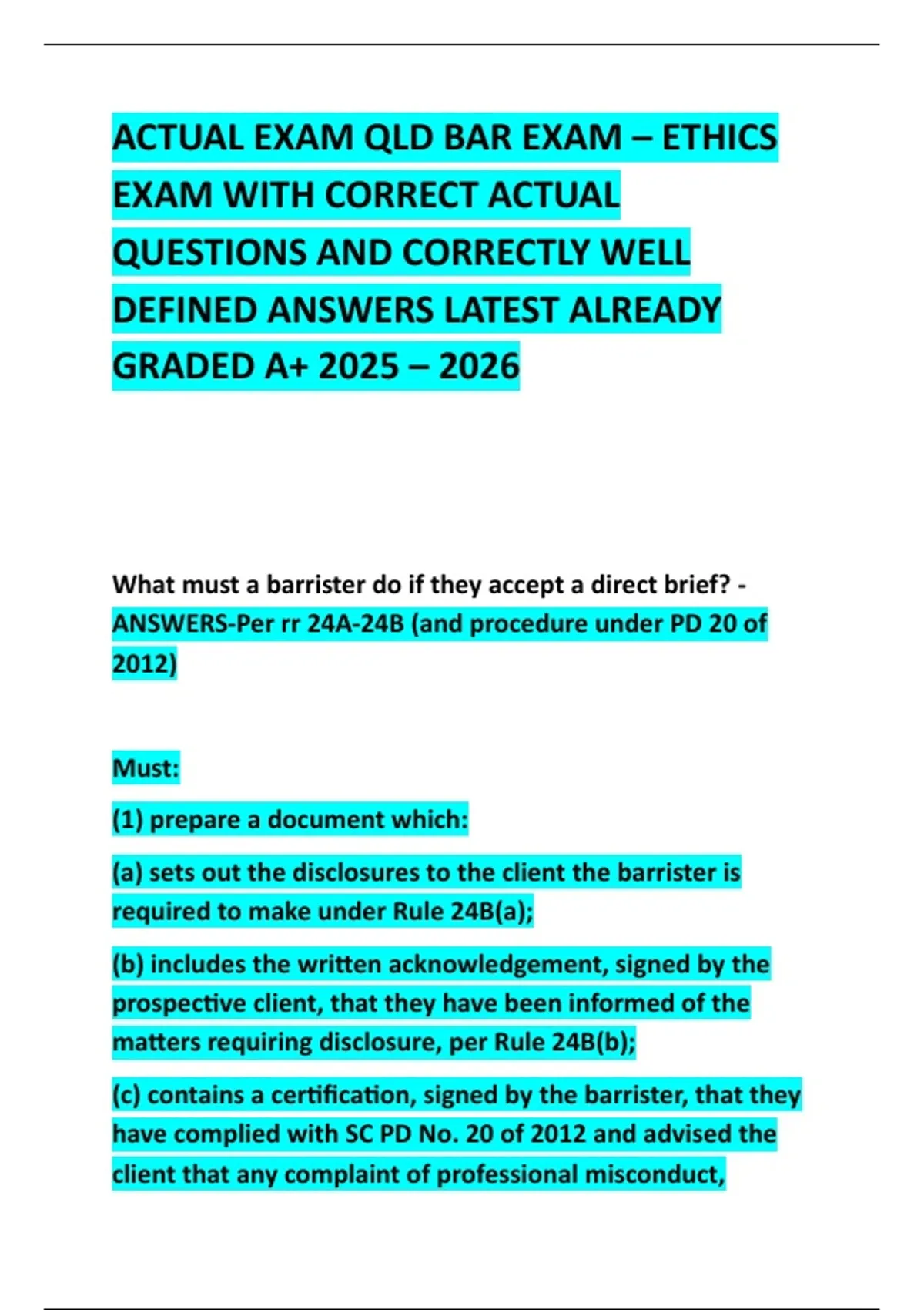 ACTUAL EXAM QLD BAR EXAM – ETHICS EXAM WITH CORRECT ACTUAL QUESTIONS ...