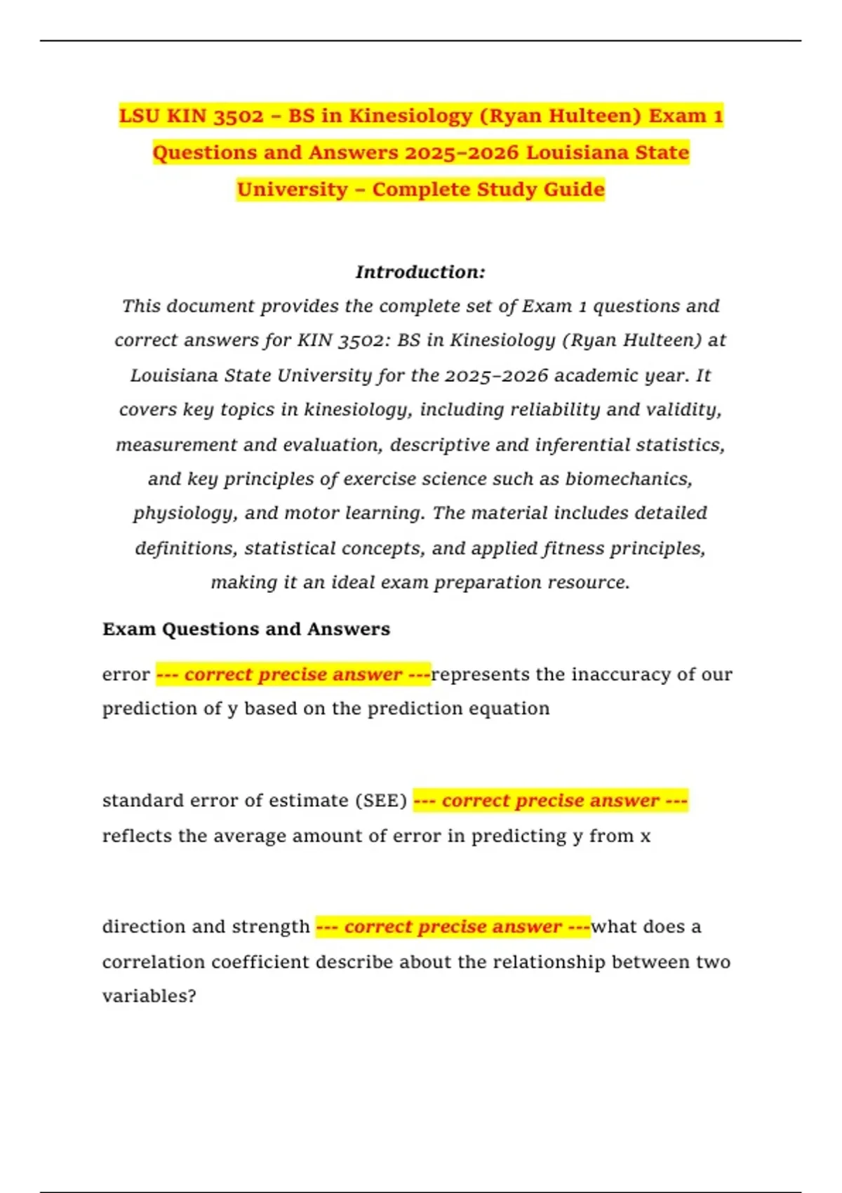 LSU KIN 3502 – BS in Kinesiology (Ryan Hulteen) Exam 1 Questions and ...