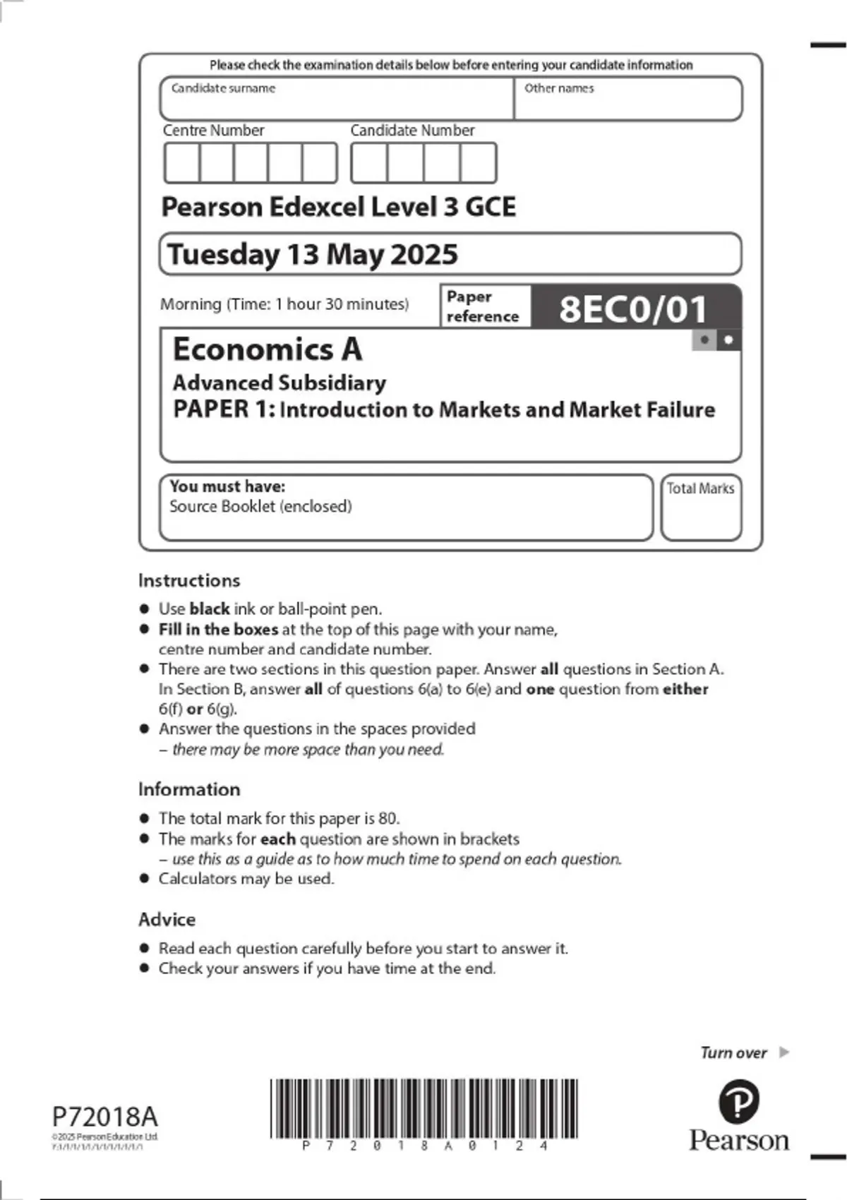 2025 Pearson Edexcel Level 3 GCE 8EC0/01 Economics A Advanced ...