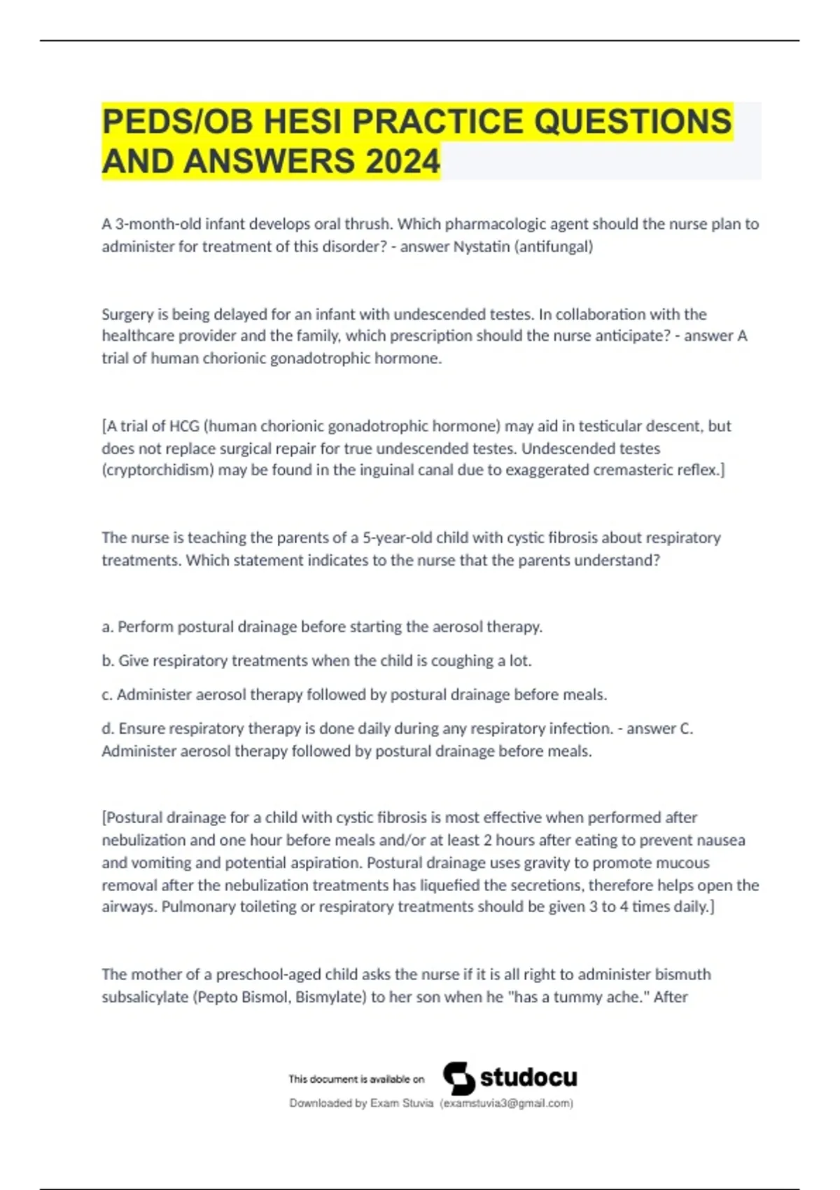 PEDS/OB HESI Practice Questions and Answers 2024 | Pediatric ...