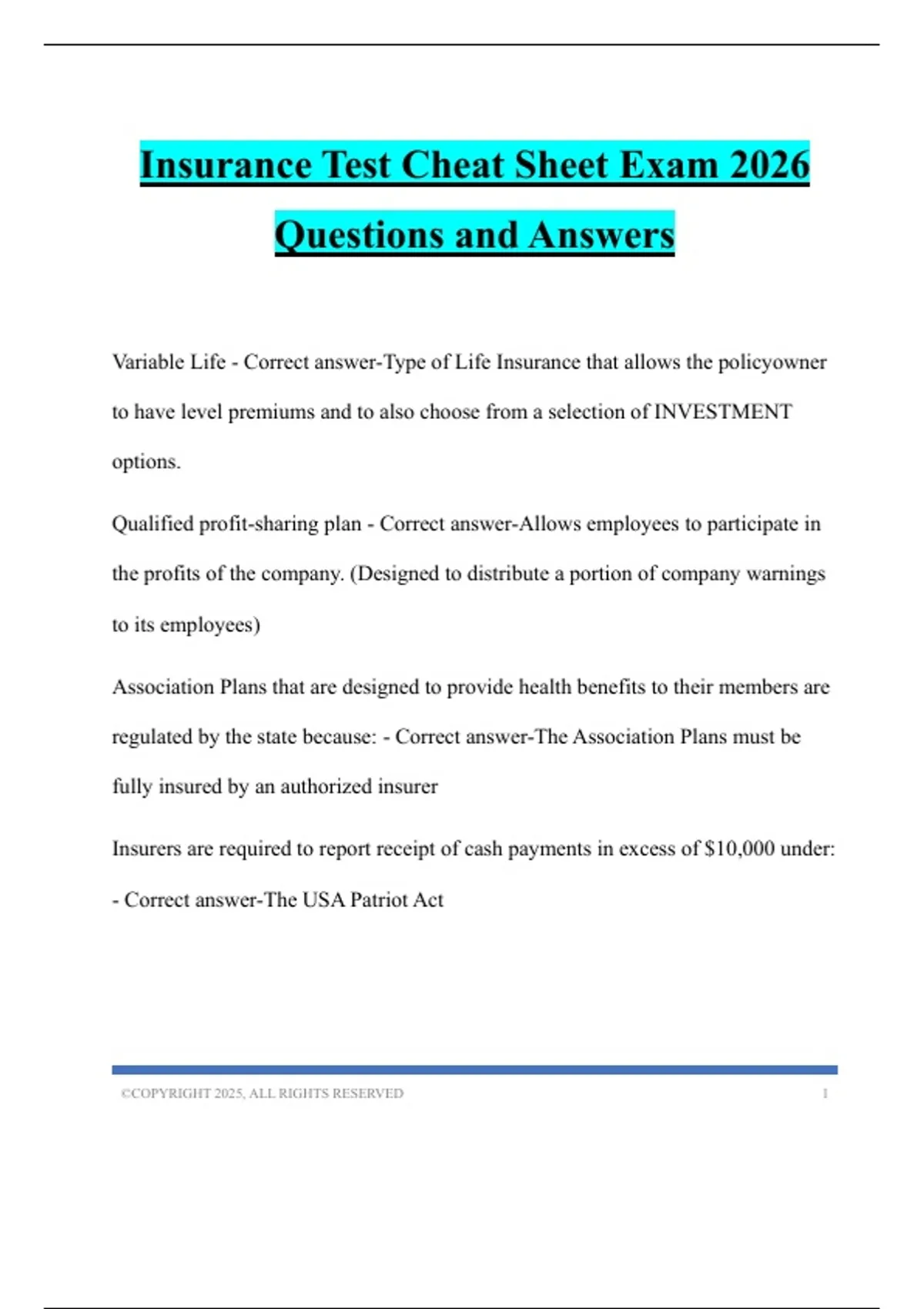 Insurance Test Cheat Sheet Exam 2026 Questions and Answers - PSI ...