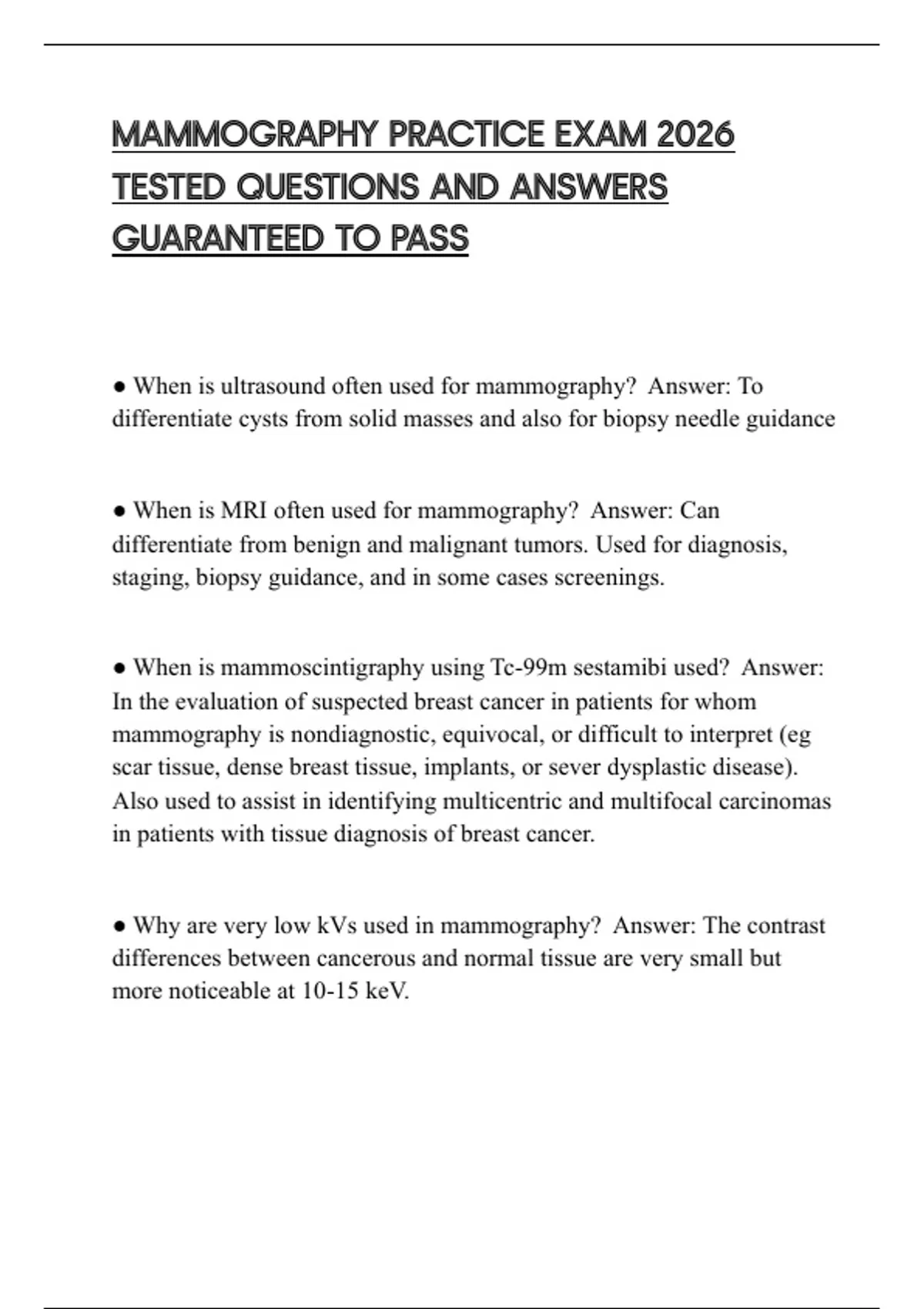 MAMMOGRAPHY PRACTICE EXAM 2026 TESTED QUESTIONS AND ANSWERS GUARANTEED ...
