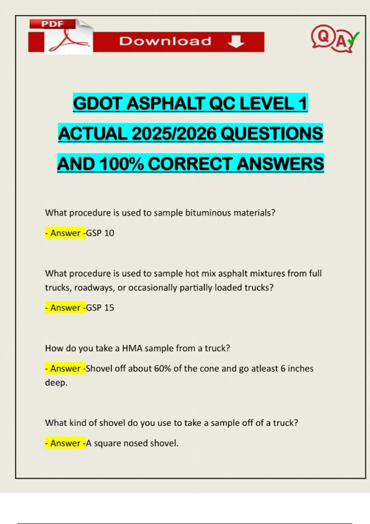 GDOT ASPHALT QC LEVEL 1 ACTUAL 2025/2026 QUESTIONS AND 100% CORRECT ...