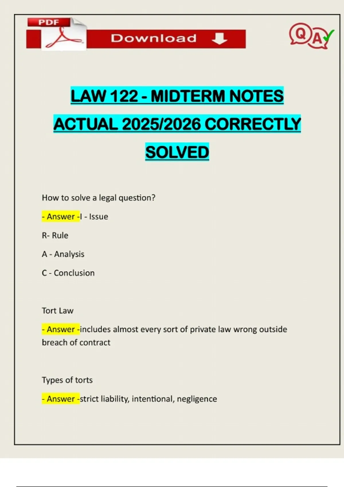 LAW 122 - MIDTERM NOTES ACTUAL 2025/2026 CORRECTLY SOLVED - LAW 122 ...