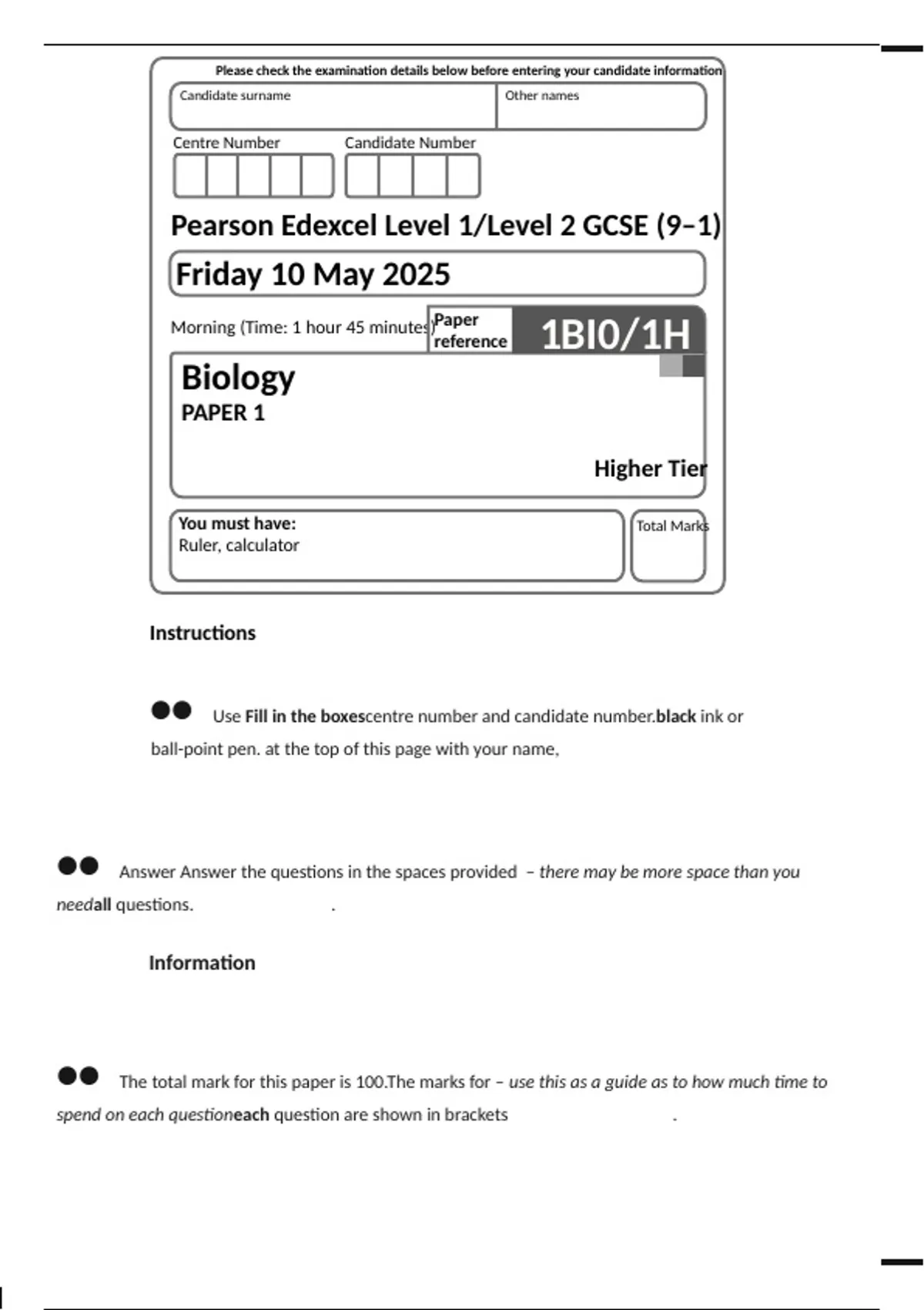 - Edexcel GCSE Biology – Paper 1 (1BI0/1H) 2025 Higher Tier Exam Paper + Mark Scheme - Biology ...