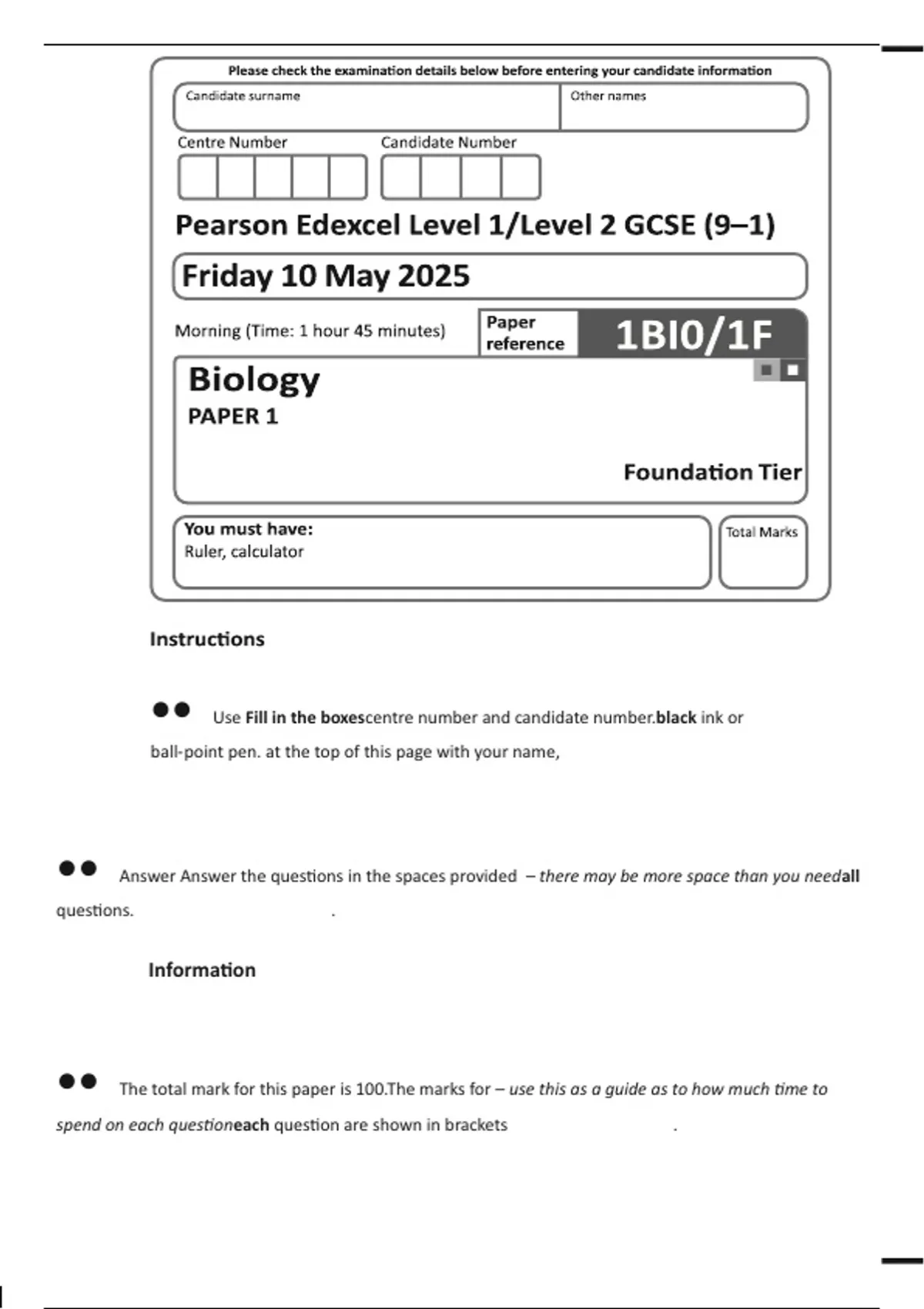 Edexcel GCSE Biology – Paper 1 (1BI0/1F) 2025 Foundation Tier Exam ...