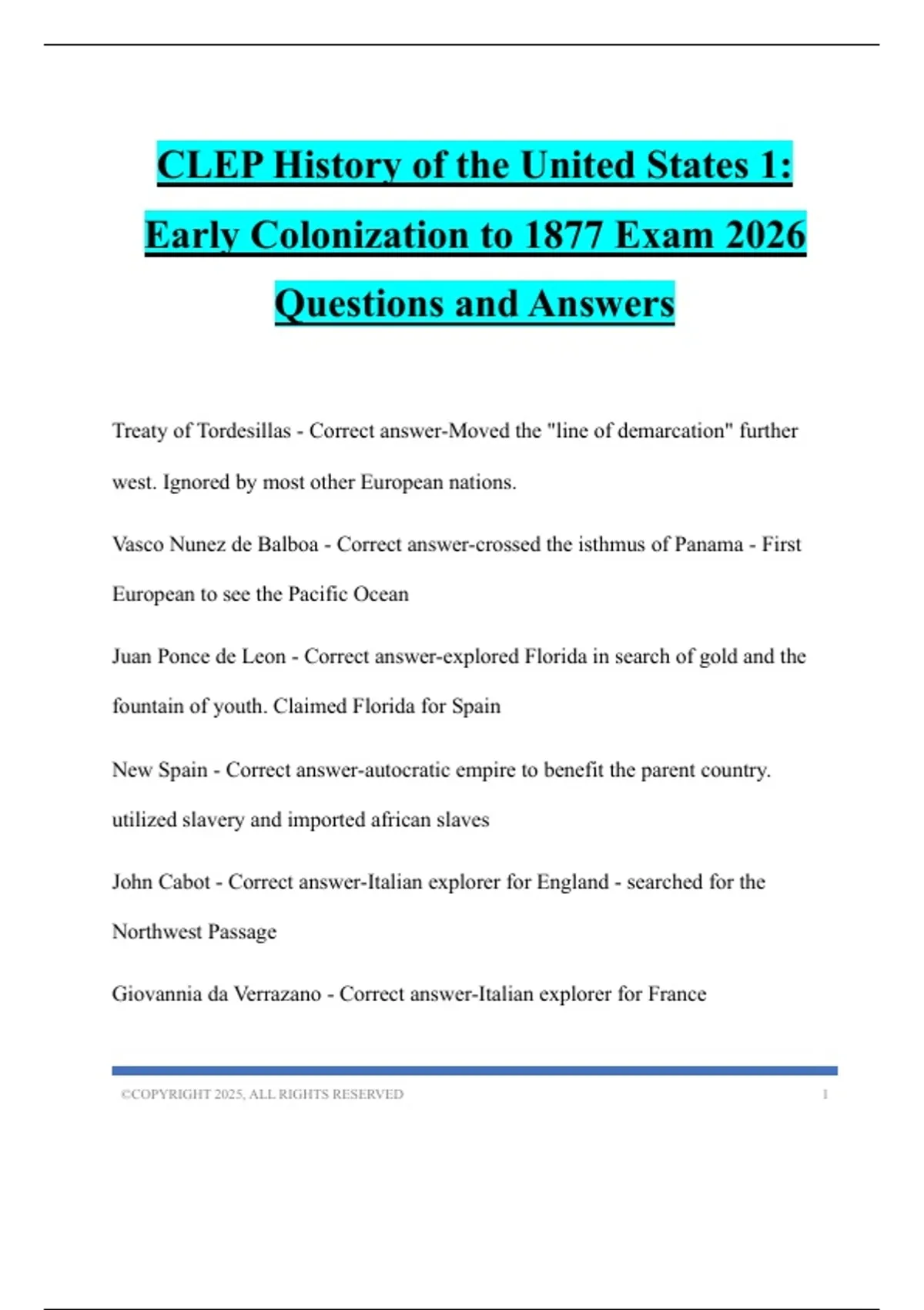 CLEP History of the United States 1: Early Colonization to 1877 Exam ...