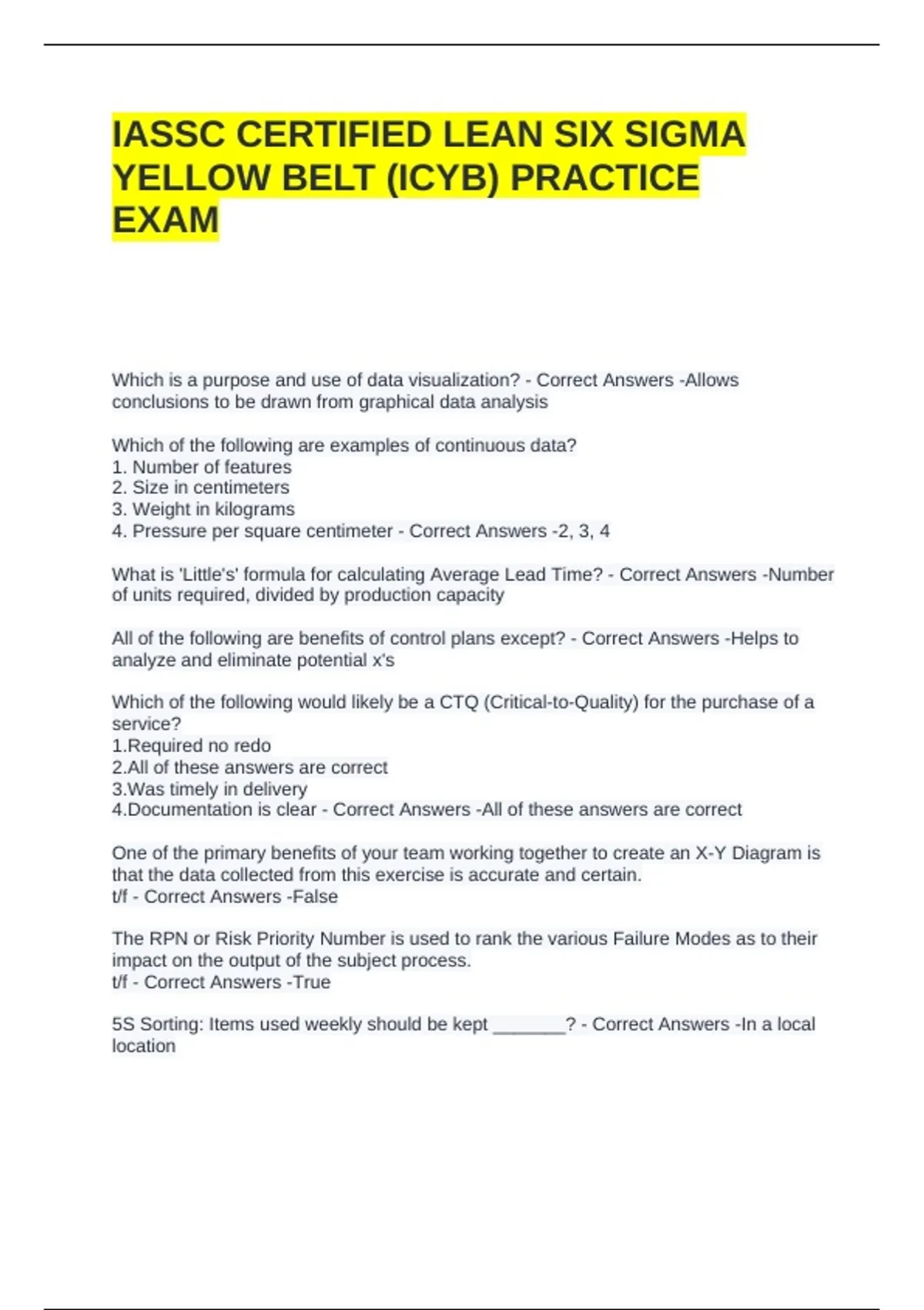 IASSC CERTIFIED LEAN SIX SIGMA YELLOW BELT (ICYB) PRACTICE EXAM ...