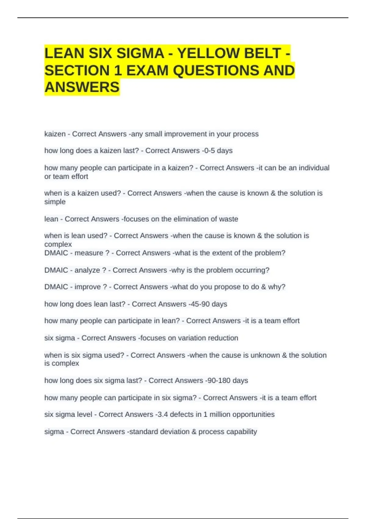 LEAN SIX SIGMA - YELLOW BELT - SECTION 1 EXAM QUESTIONS AND ANSWERS ...