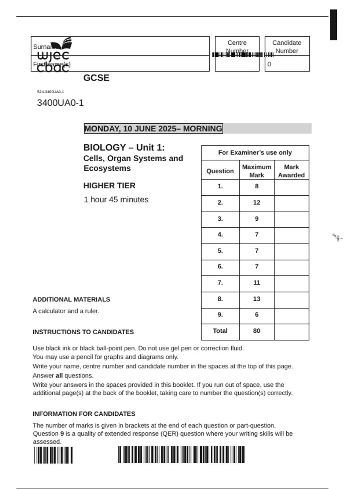 WJEC GCSE Biology – Unit 1 Question paper with Mark Scheme (S24-3400UA0 ...