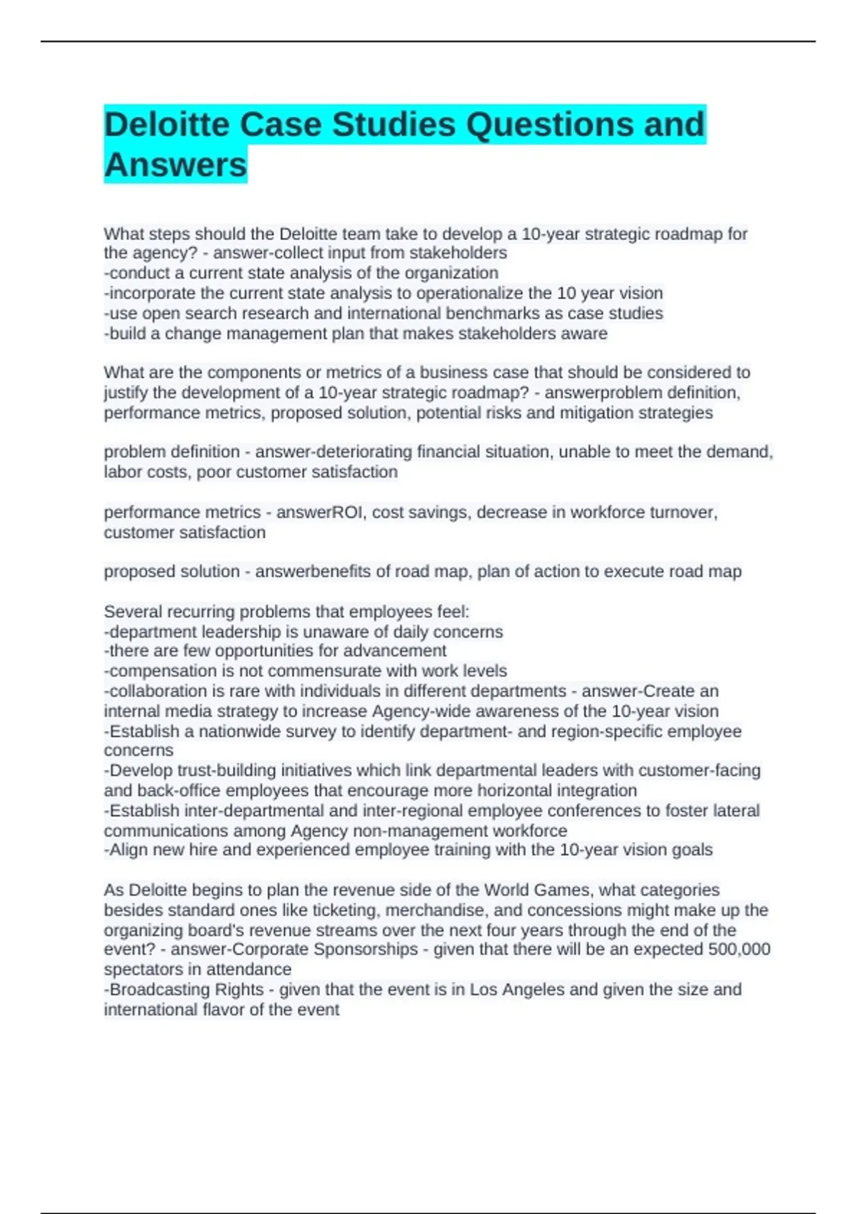 Deloitte Case Studies Questions and Answers - DELOITTE - Stuvia US